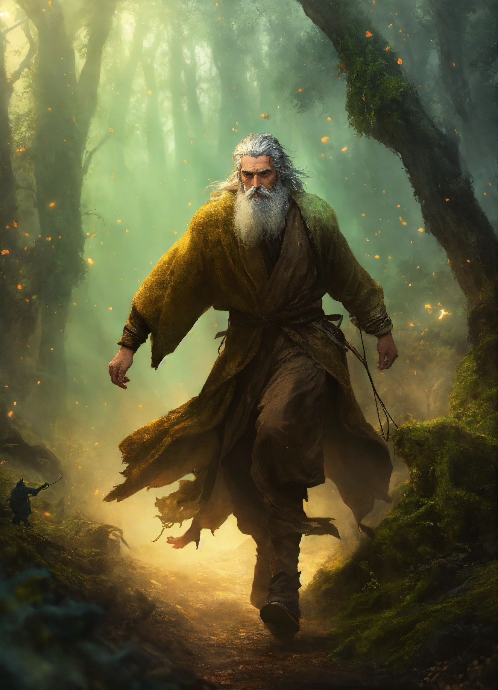 Lexica - A willowy young gaunt human male hermit with flowing gray hair ...