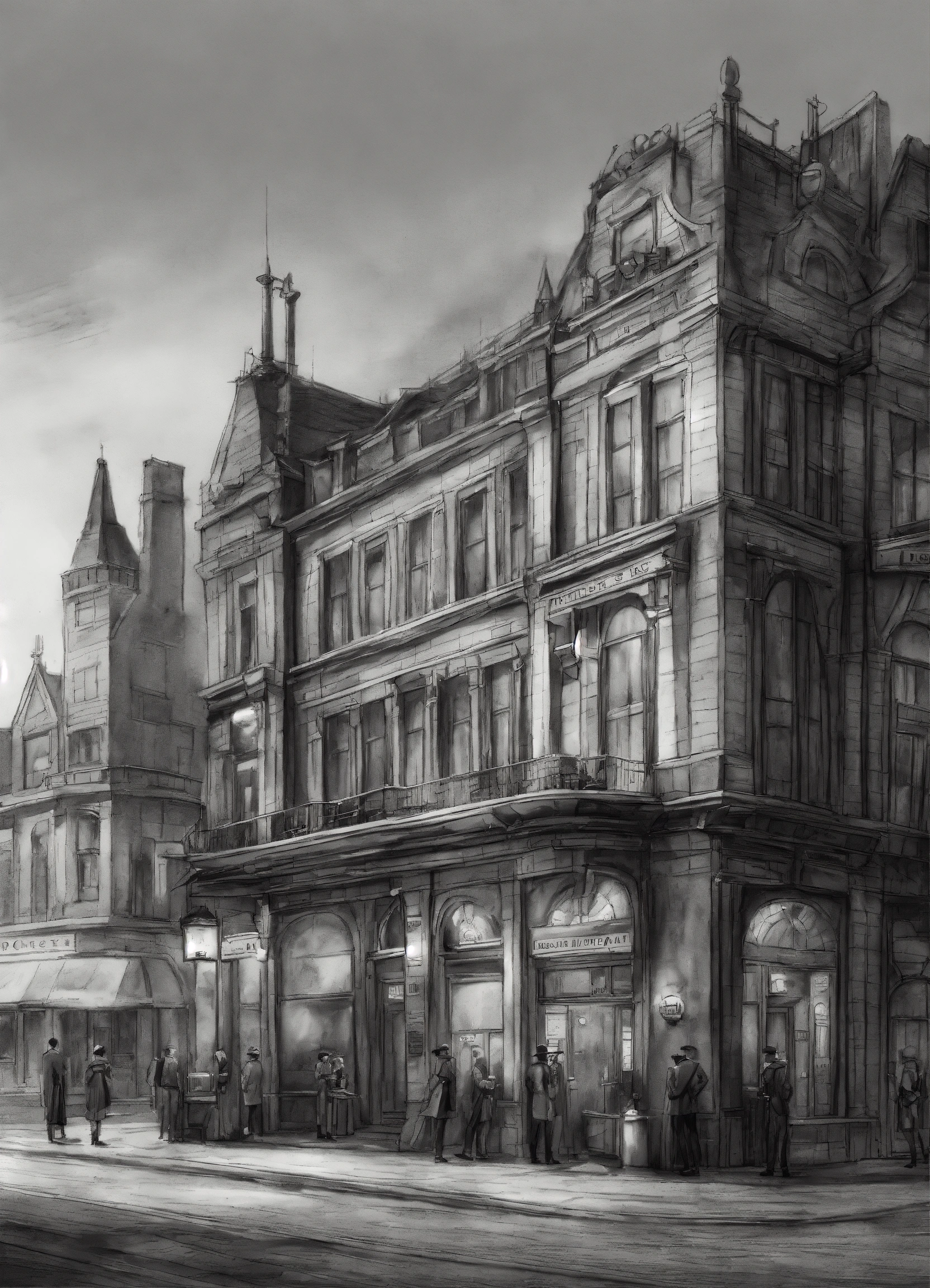 Lexica - A scene of a cinema in a victorian, Steampunk city. greyscale ...