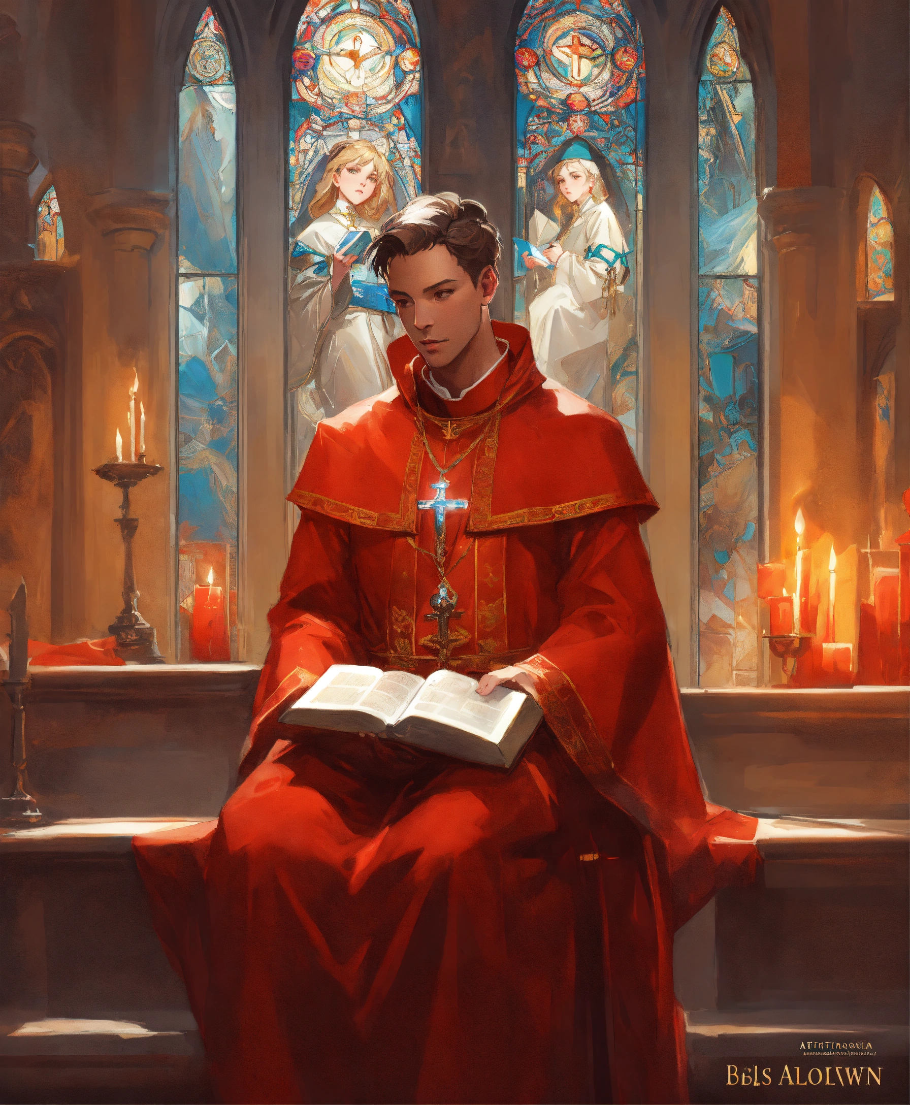 Lexica - Priest Medieval in church red clothes with bible art by ...