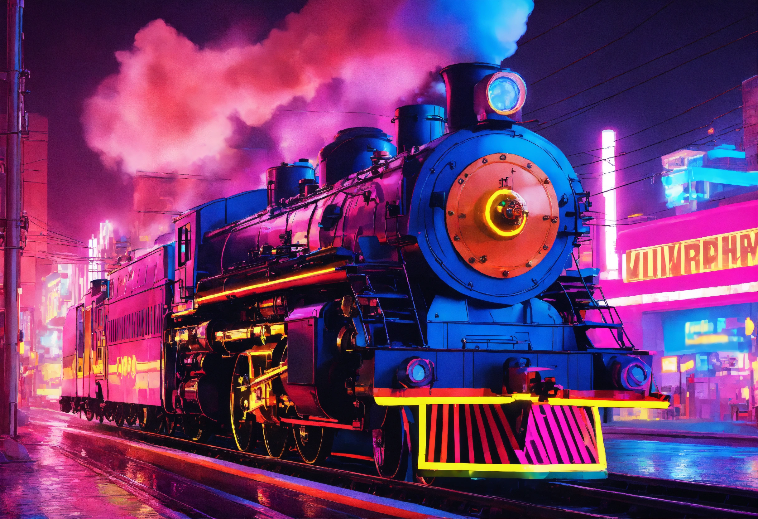 Lexica - 8k , masterpiece,Future steam locomotive in Neon City