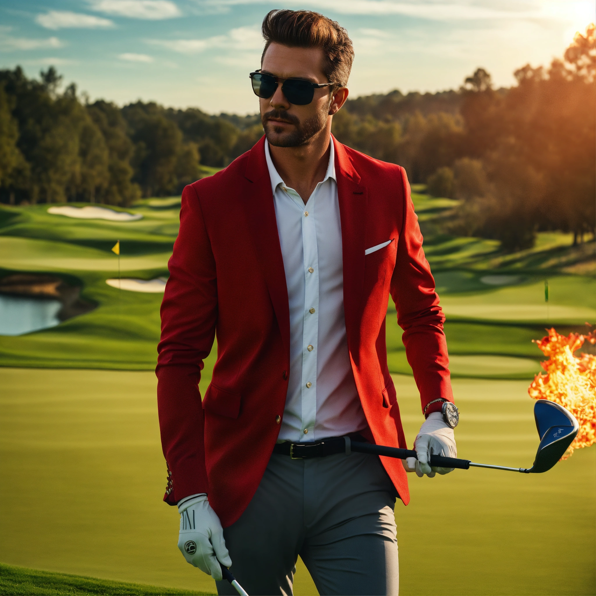 Lexica - 4k hd ultra realistic handsome man red blazer, sunglasses. on ...