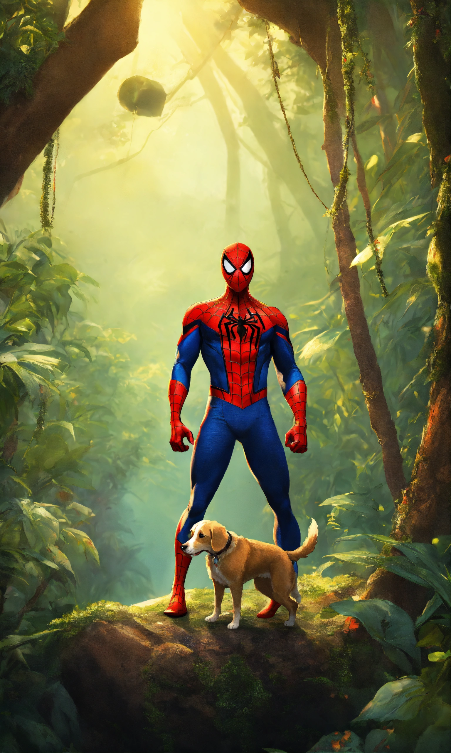 Lexica - Spiderman with his dog in the Jungle, 2D render, full-body ...
