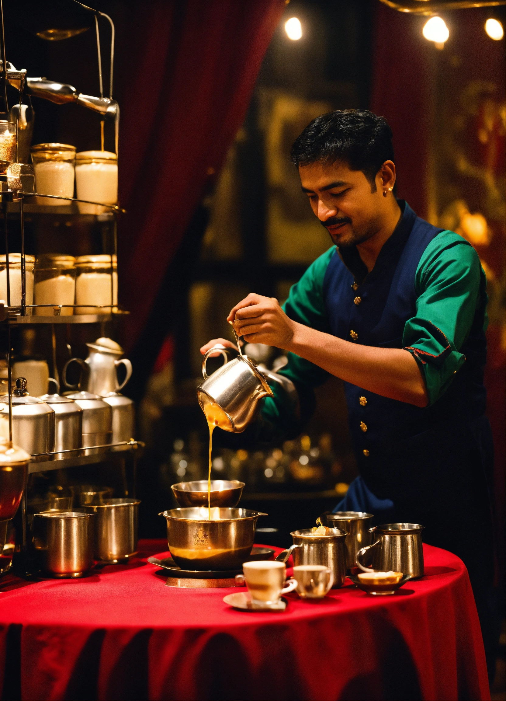 Lexica - Chai master pouring Chai tea from one cup to another cup that ...