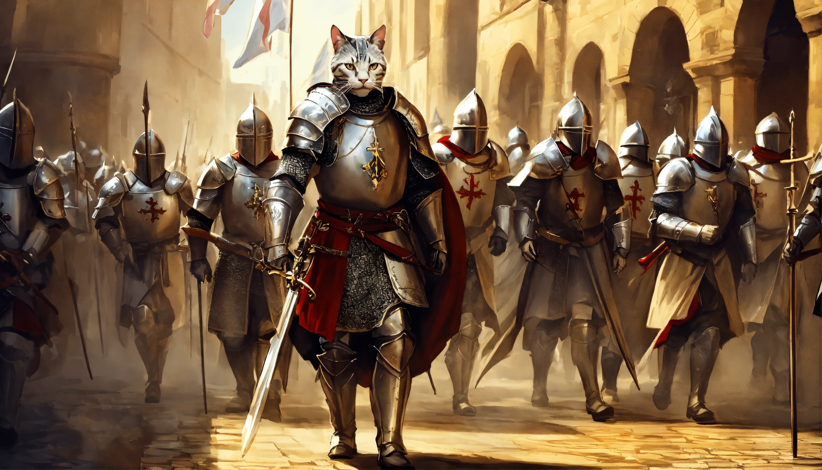 Lexica - An anthropomorphic cat wearing Teutonic knight armor marching ...