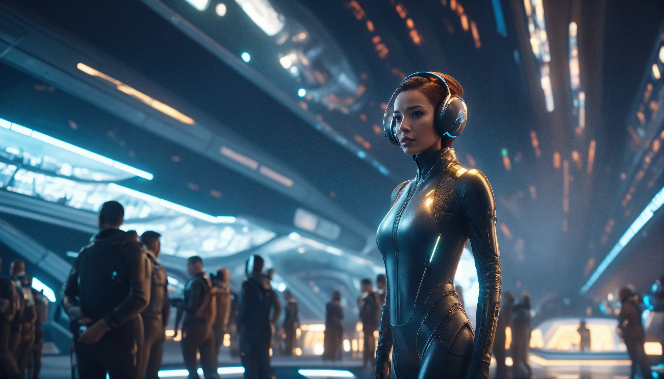 Lexica - Wide shot of a female super spy wearing a tight futuristic spy ...