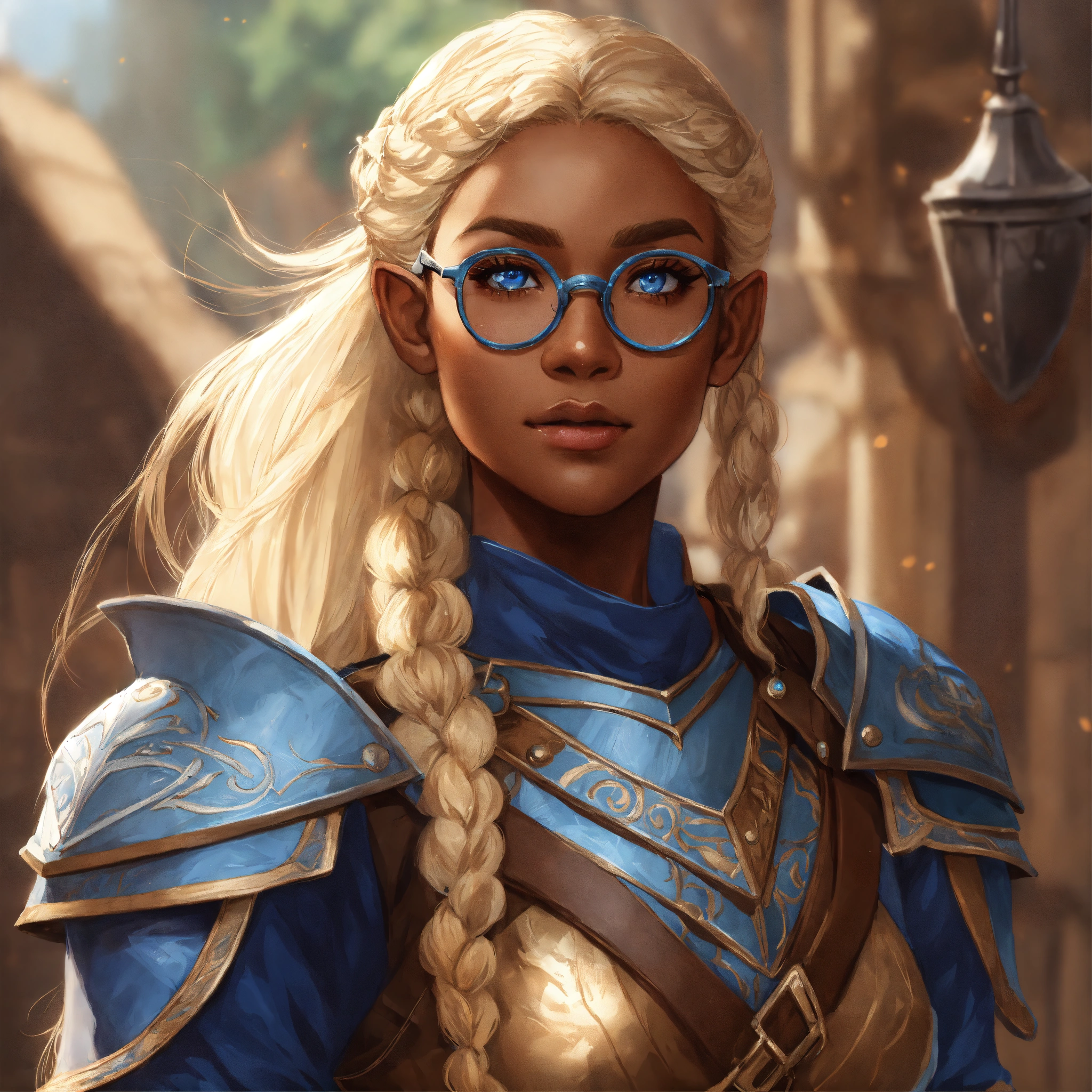 Lexica - A very brown skinned half elf woman, wearing glasses with deep ...