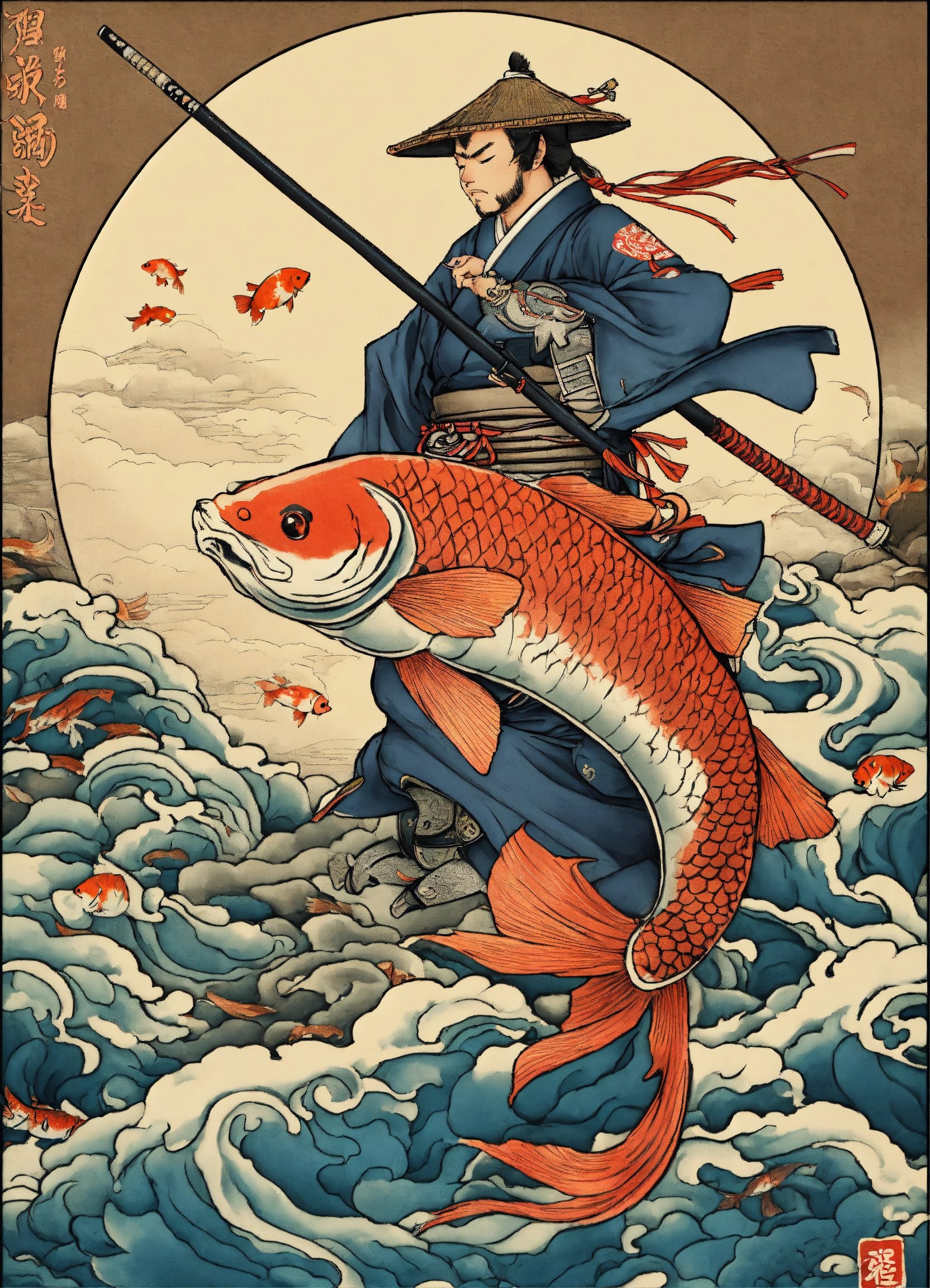 Lexica - T-shirt design, samurai cat riding on a big carp koi, by Kanō ...