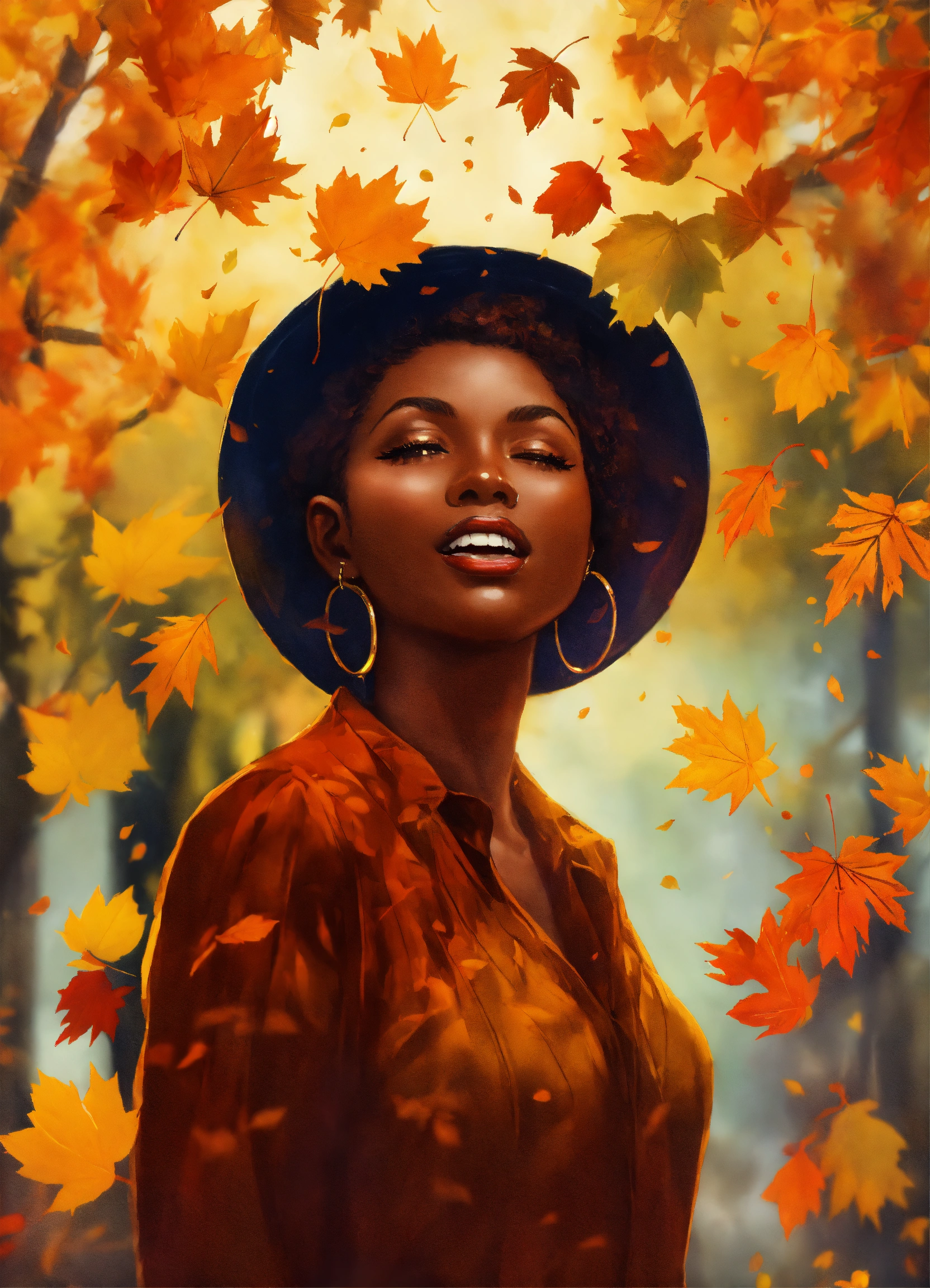 Lexica - Melanin lady singing in the rain, Autumn leaves