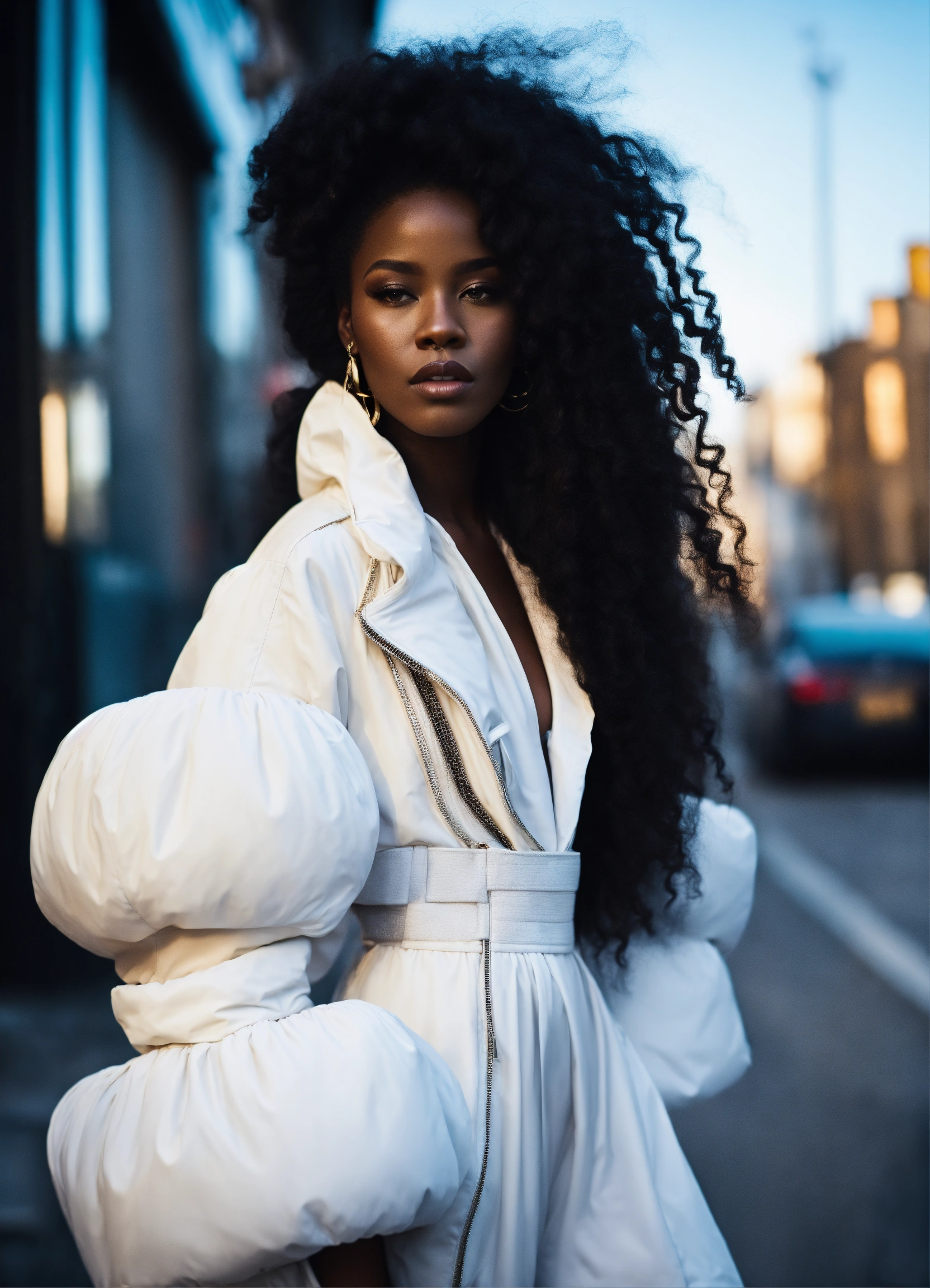 Lexica - Black woman, in white high fashion street wear with puffer ...