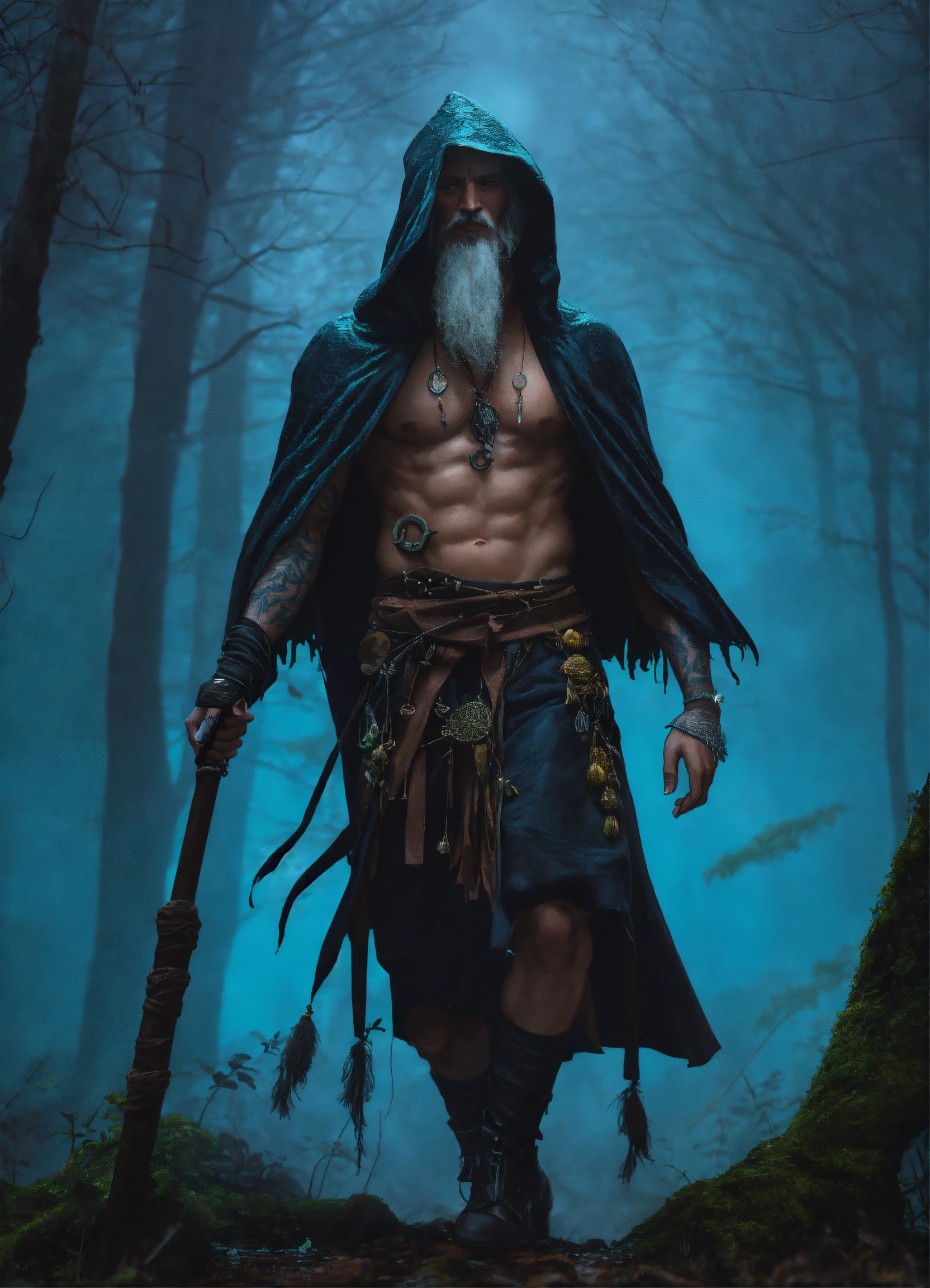 Lexica - In the style of Brom, a thin shirtless tattooed insane hermit ...