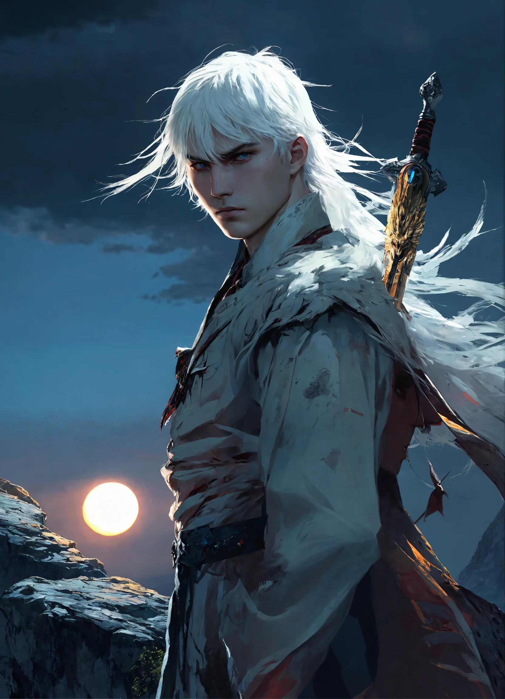 Lexica - A young white-haired man with sharp and ruthless eyes, a cold ...