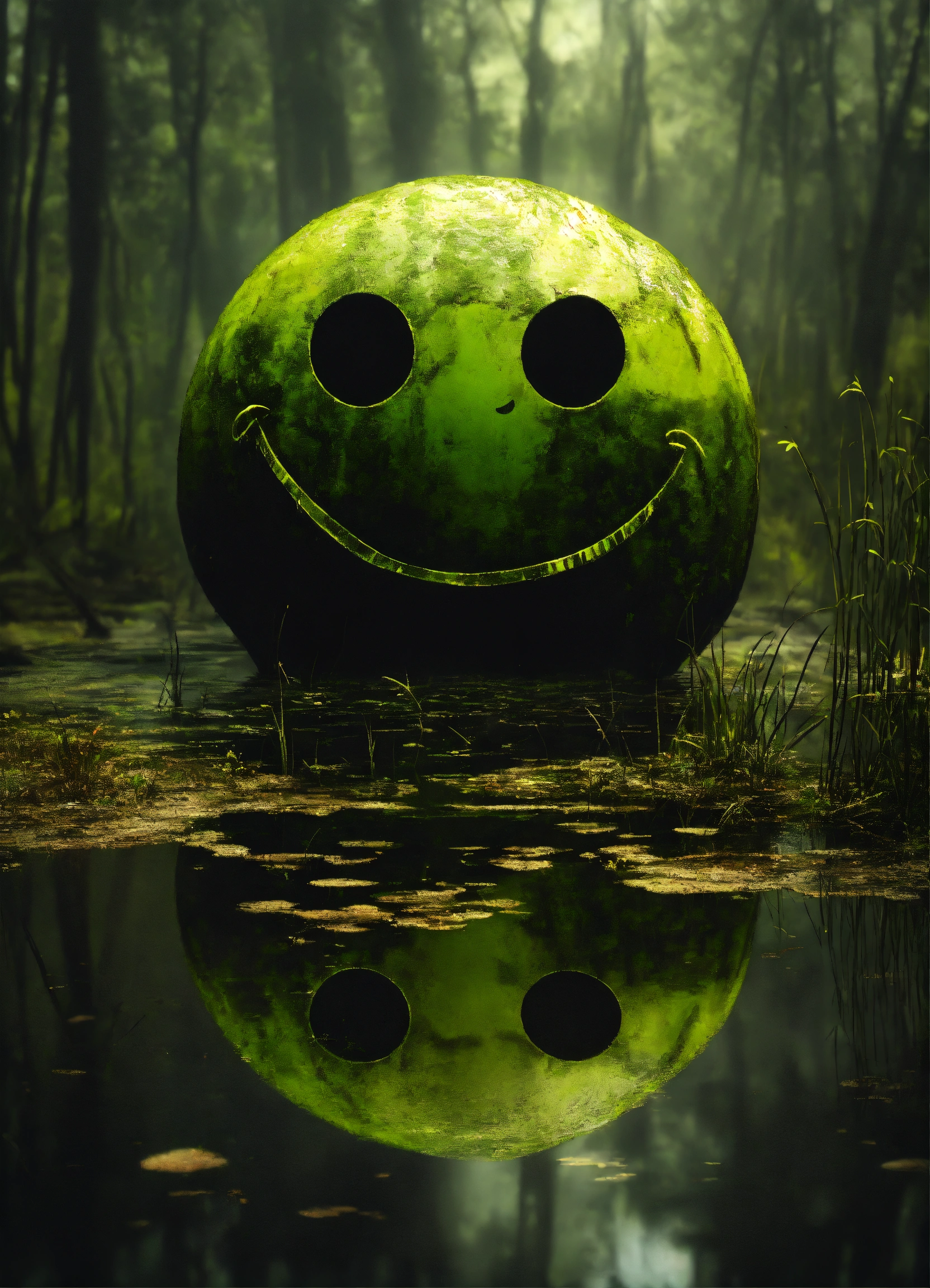 Lexica - Floating creepy smiley face in swamp dark estetic with text ...