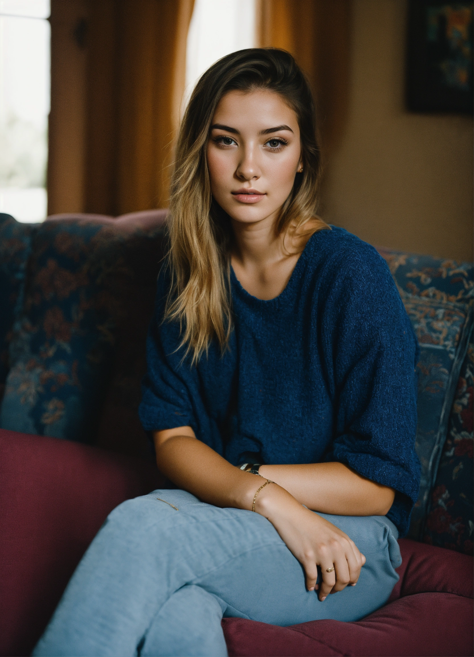 Lexica - 22 year old woman on a couch, looking at the camera