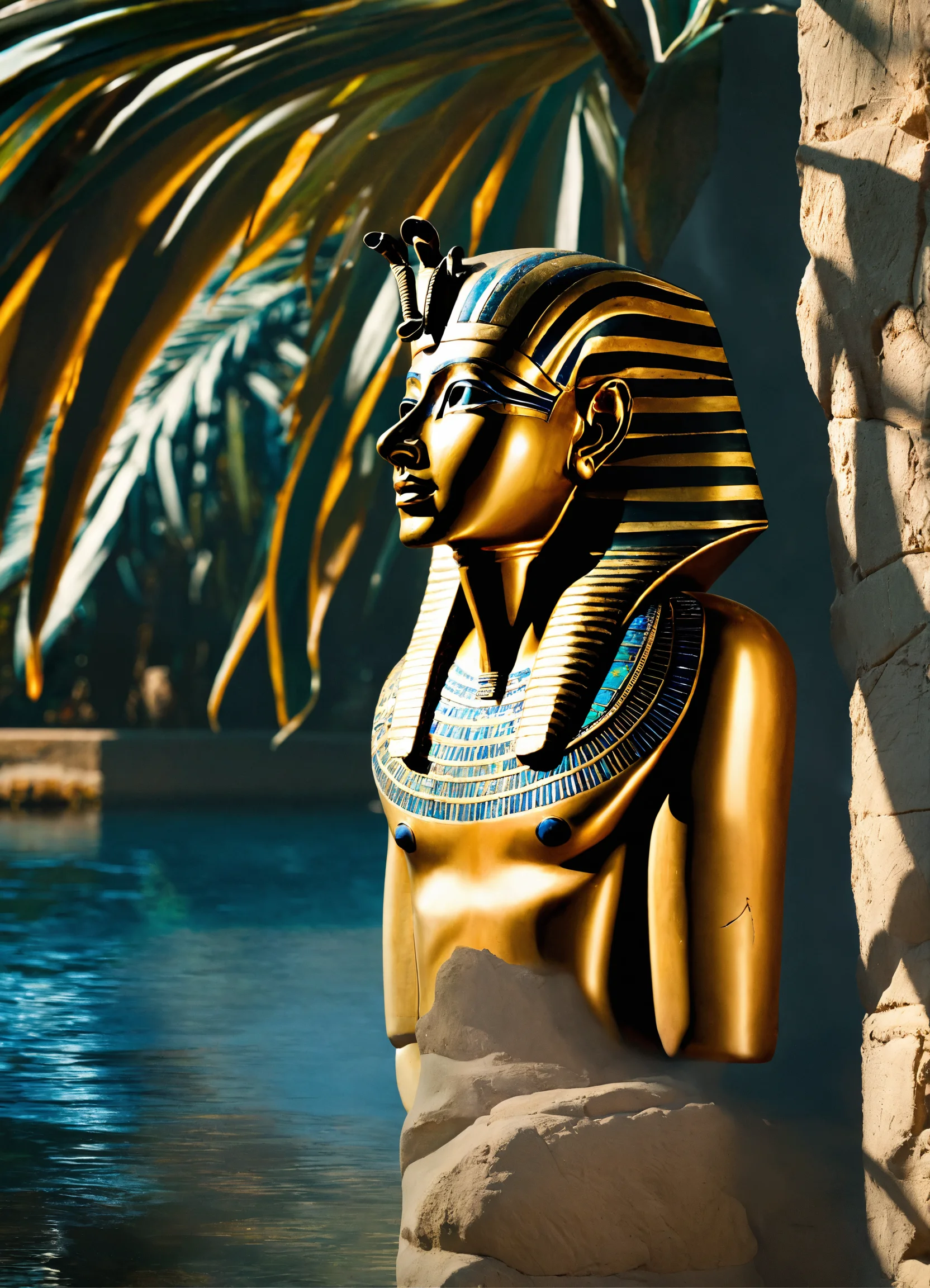 Lexica - Amidst an Egyptian oasis, King Tut stands regal, his ...