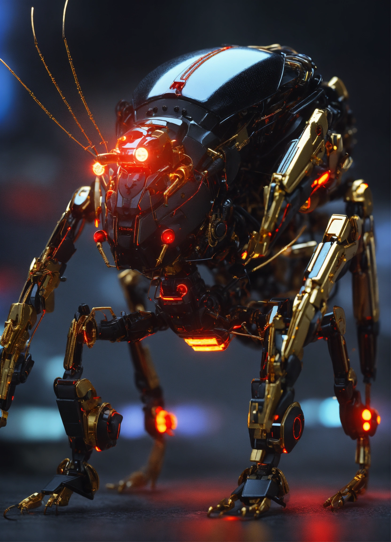 Lexica - Zoom out of black cockroach faced humanoid biobot with red ...