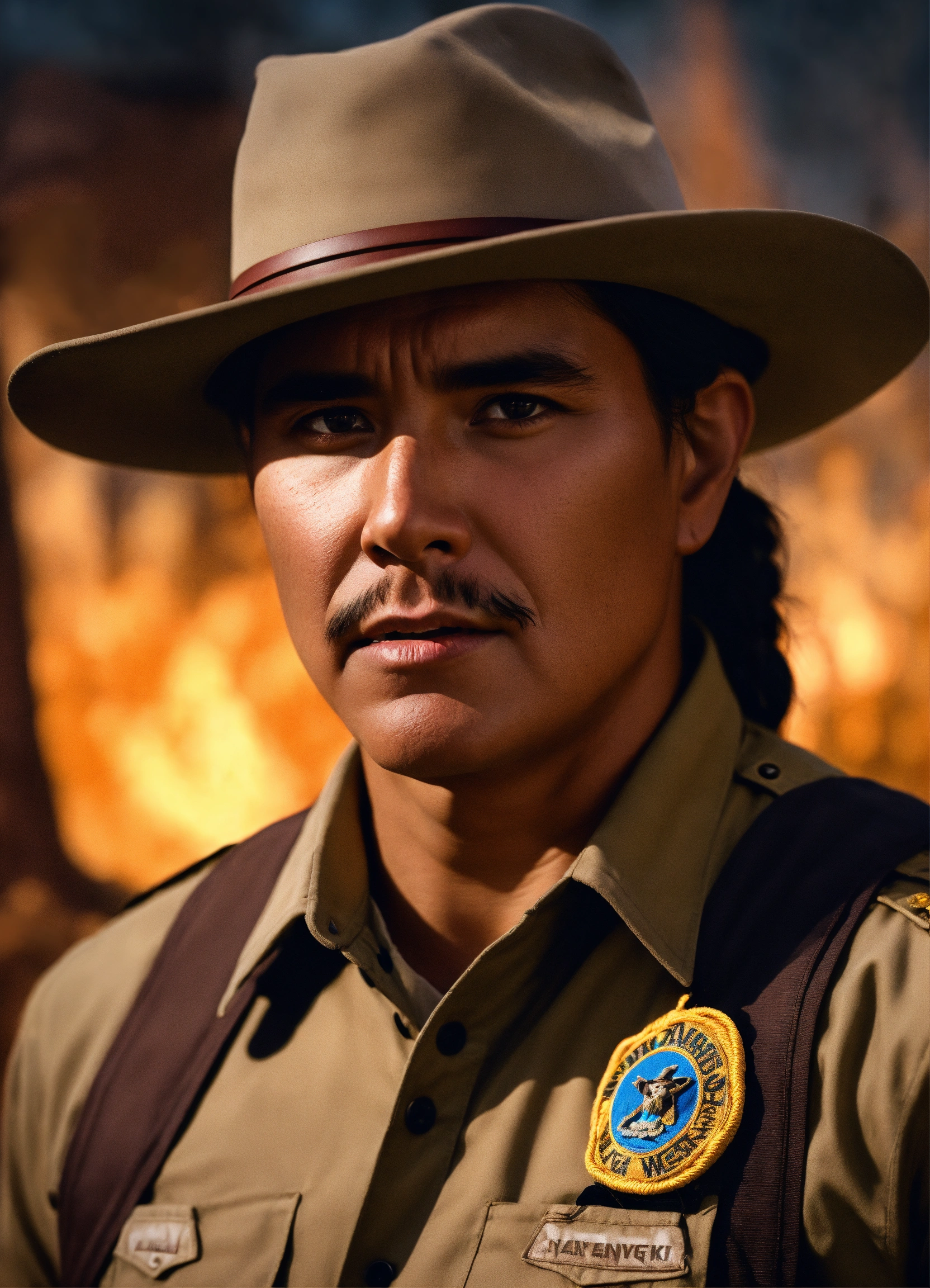 Lexica - Portrait of an native american park ranger scared, realistic ...