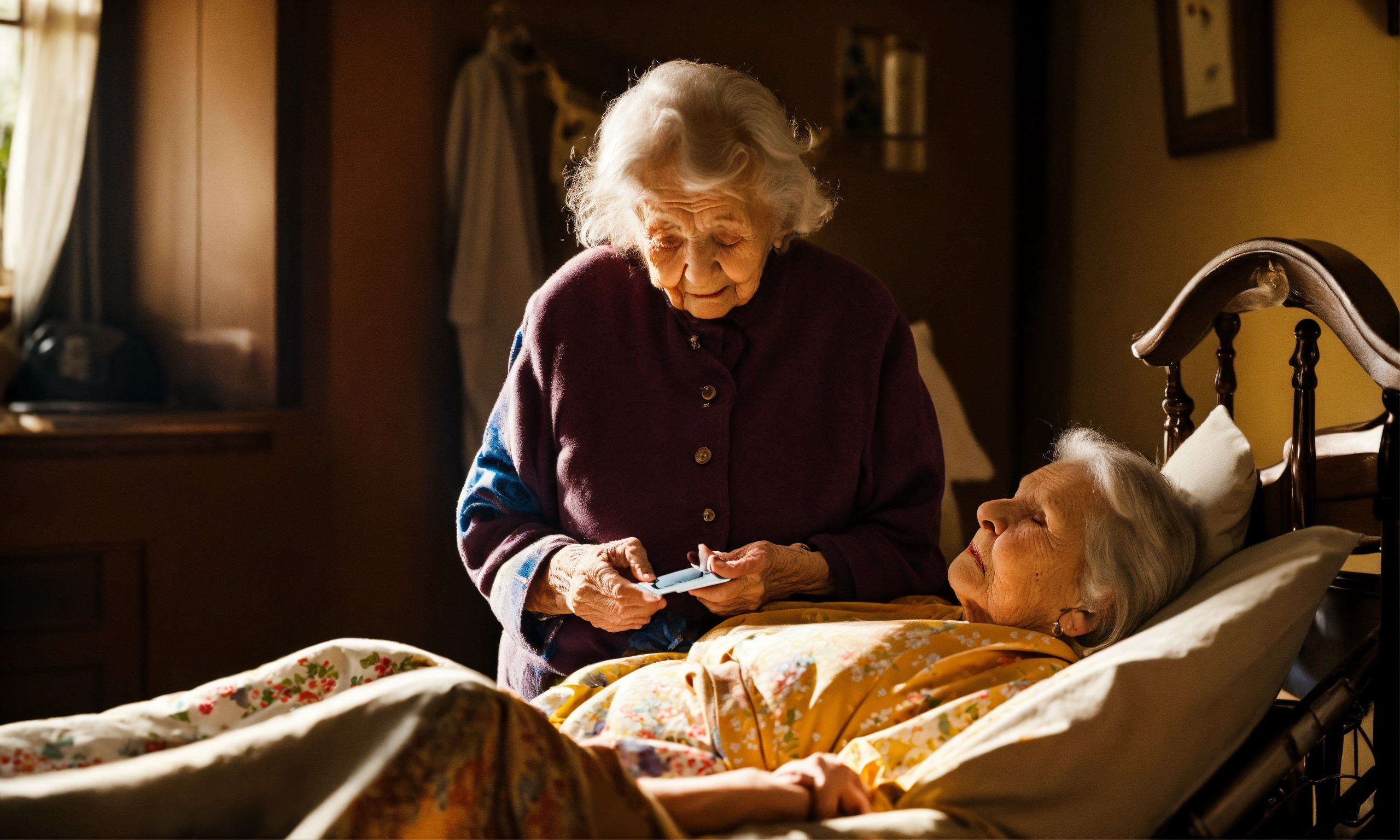 Lexica - Perfect photo of a very old woman dying at home, with a young ...