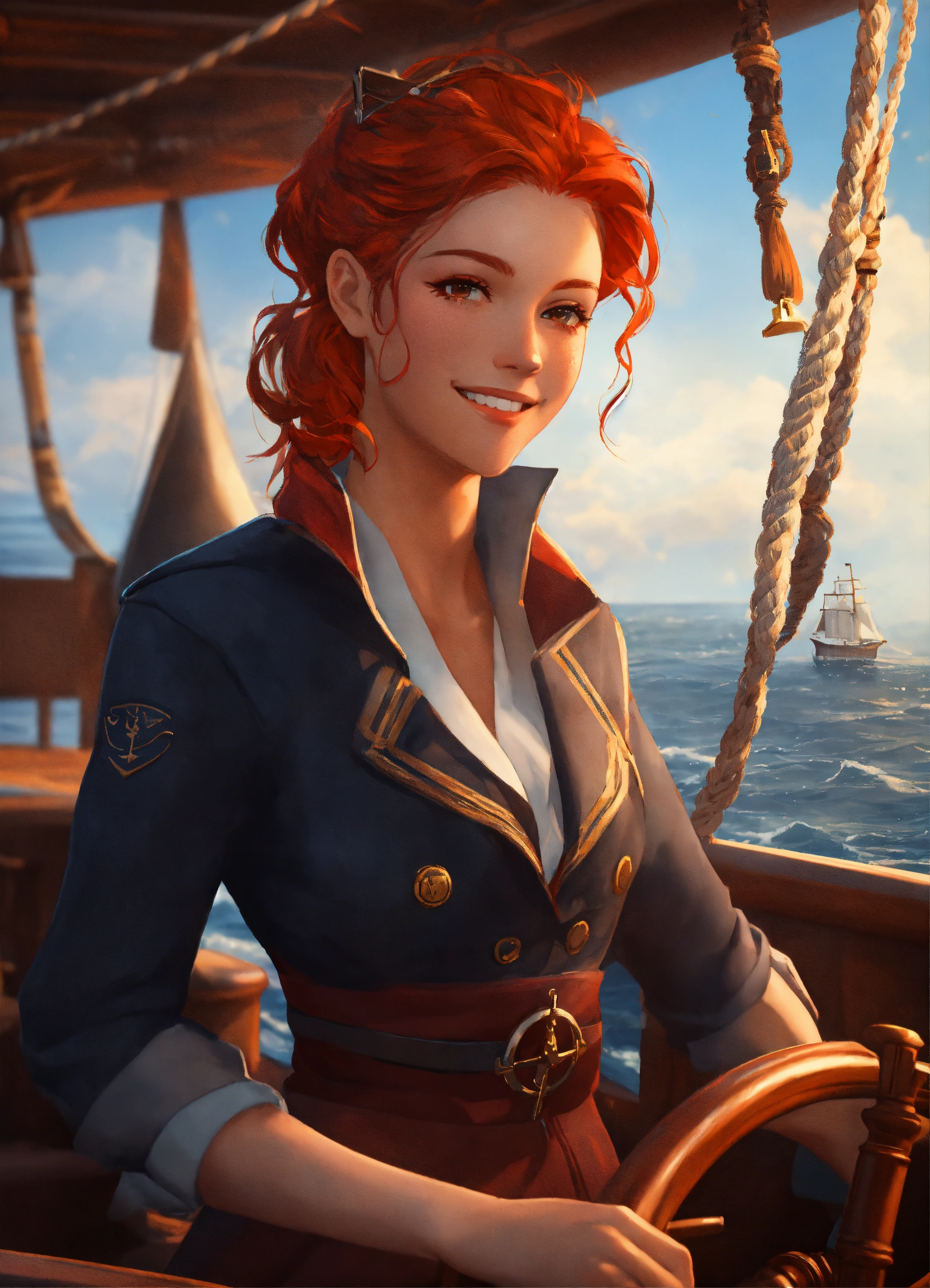 Lexica - A red-haired sailor, brown eyes, smile, steering wheel of a ...