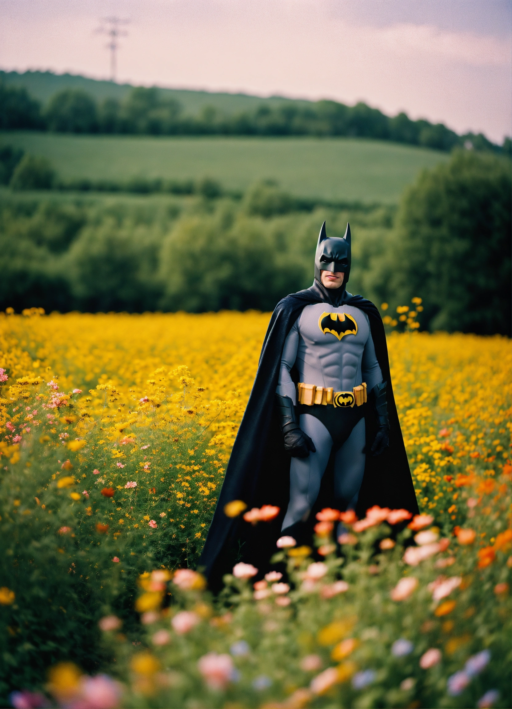 Lexica - Happy Batman standing in a beautiful field of flowers ...