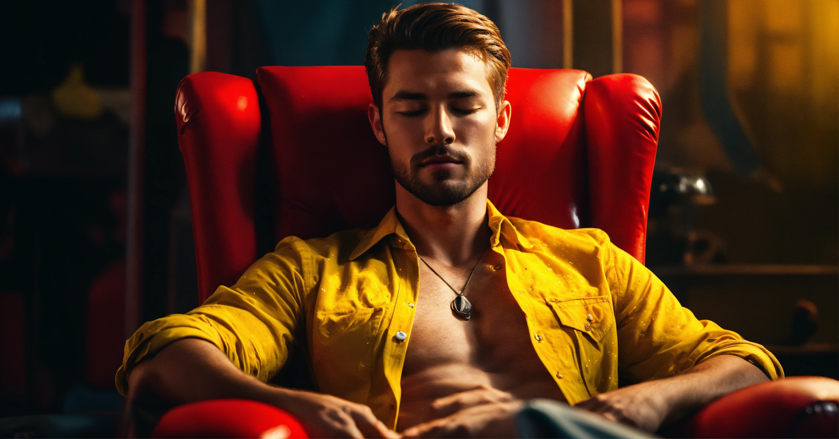 Lexica - A handsome man relaxing in a chair, all shirt buttons ...
