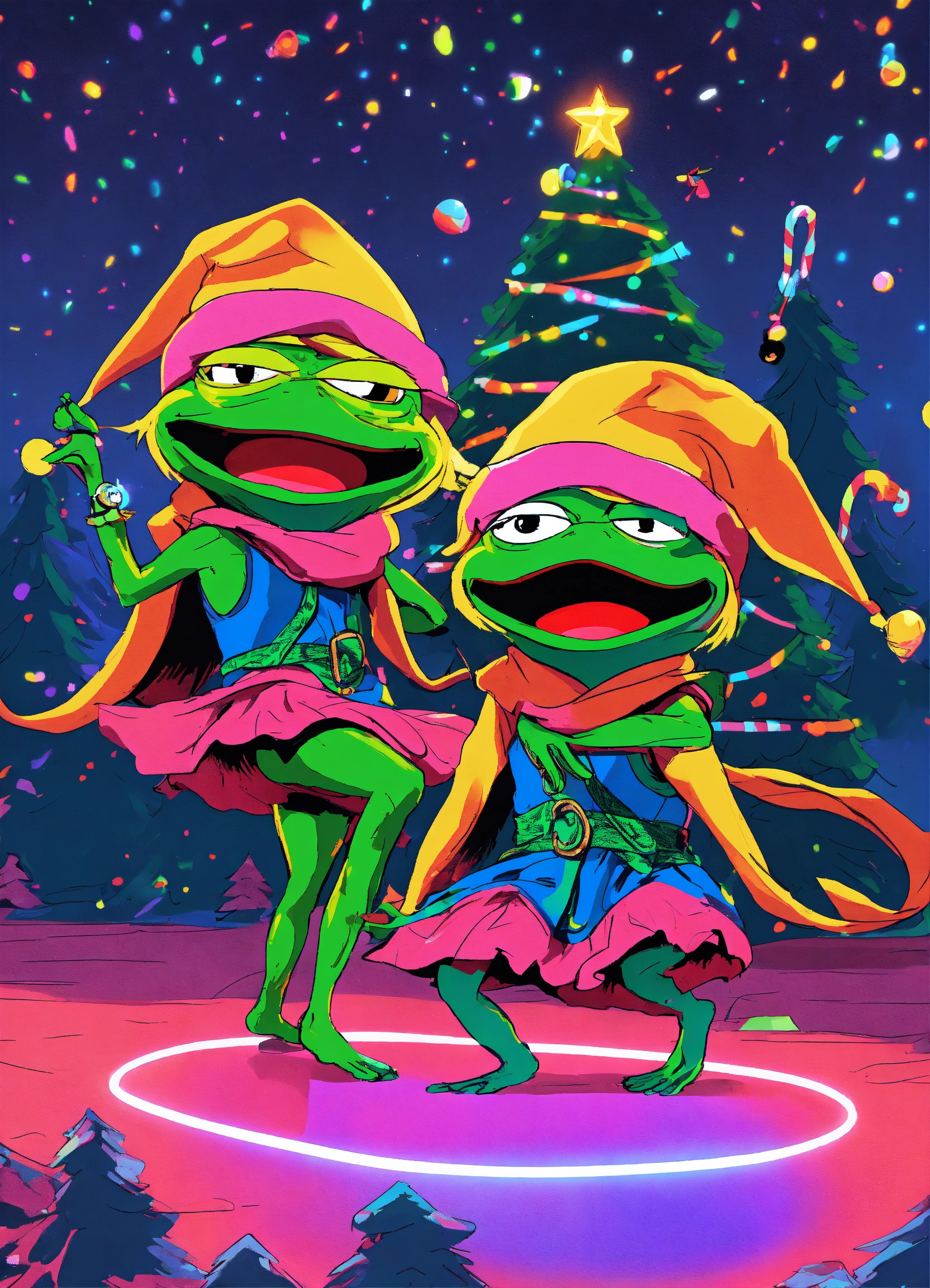 Lexica - Elves attempting viral dance moves, knocking over the Christmas tree, vibrant neon ...
