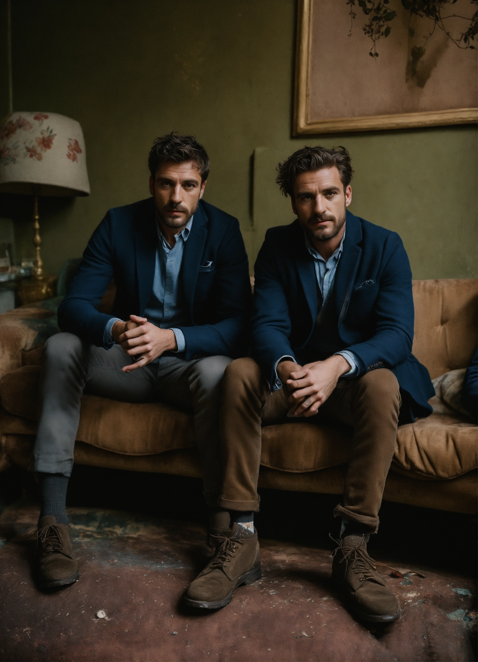 Lexica - 2 scruffy British men, sitting on a small, old, dirty couch ...