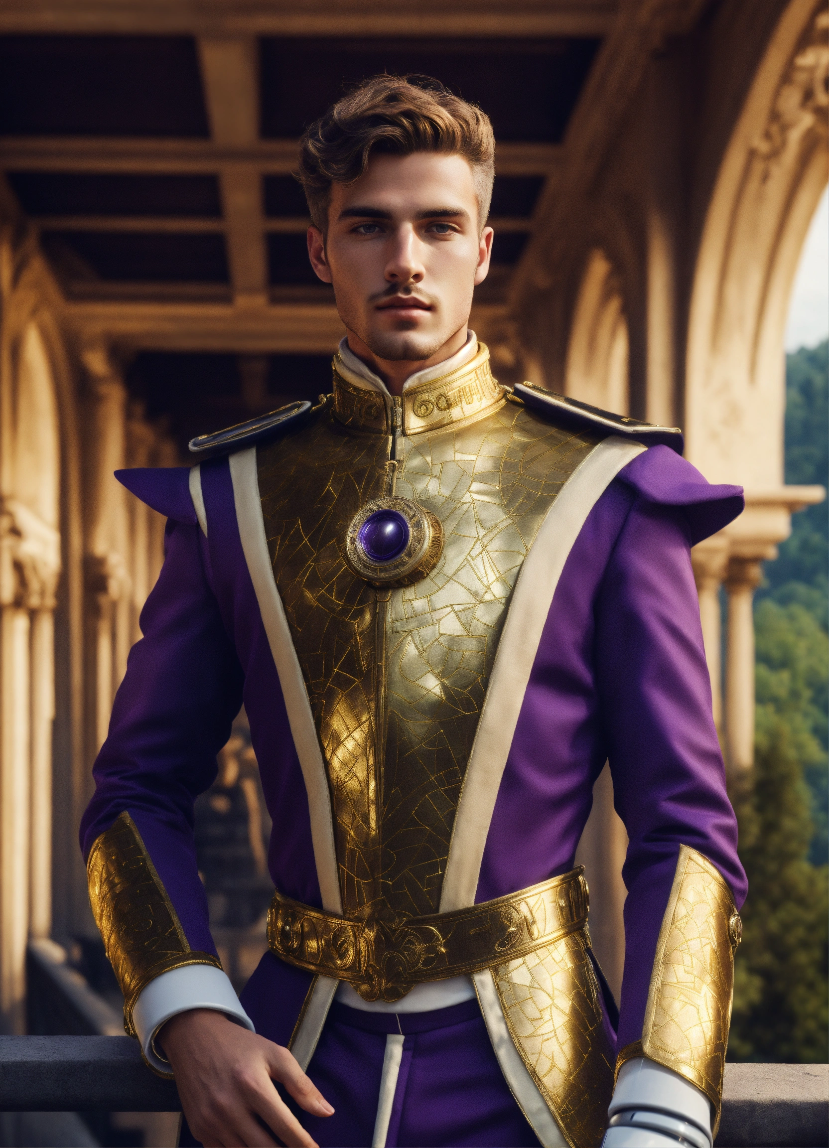 Lexica - Royal man wearing a white and dark purple and gold cybernetic ...