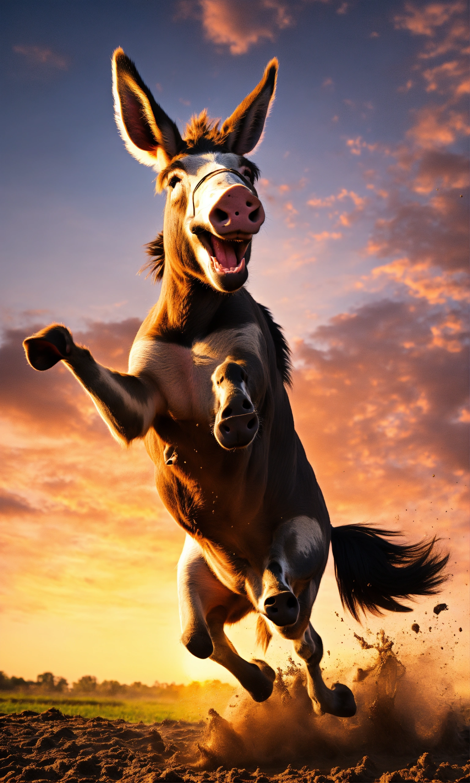 Lexica - A donkey screaming and jumping falling into stinky mud. Sunset ...