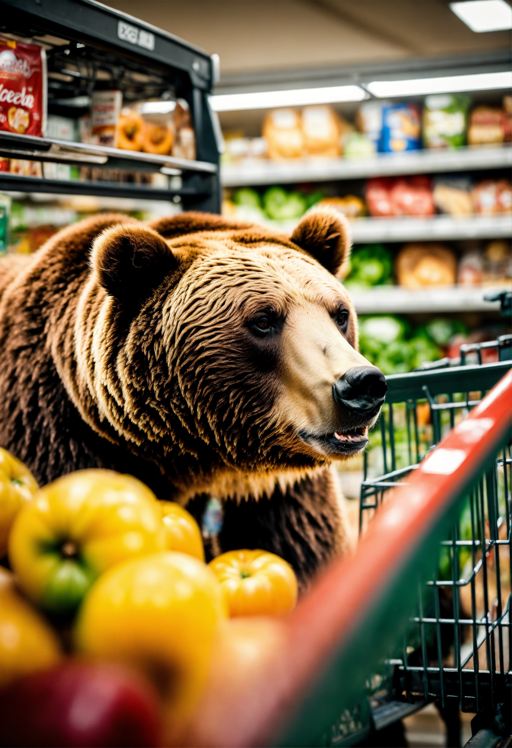 Lexica - Grizzly bear pushing grocery cart, in supermarket, produce ...