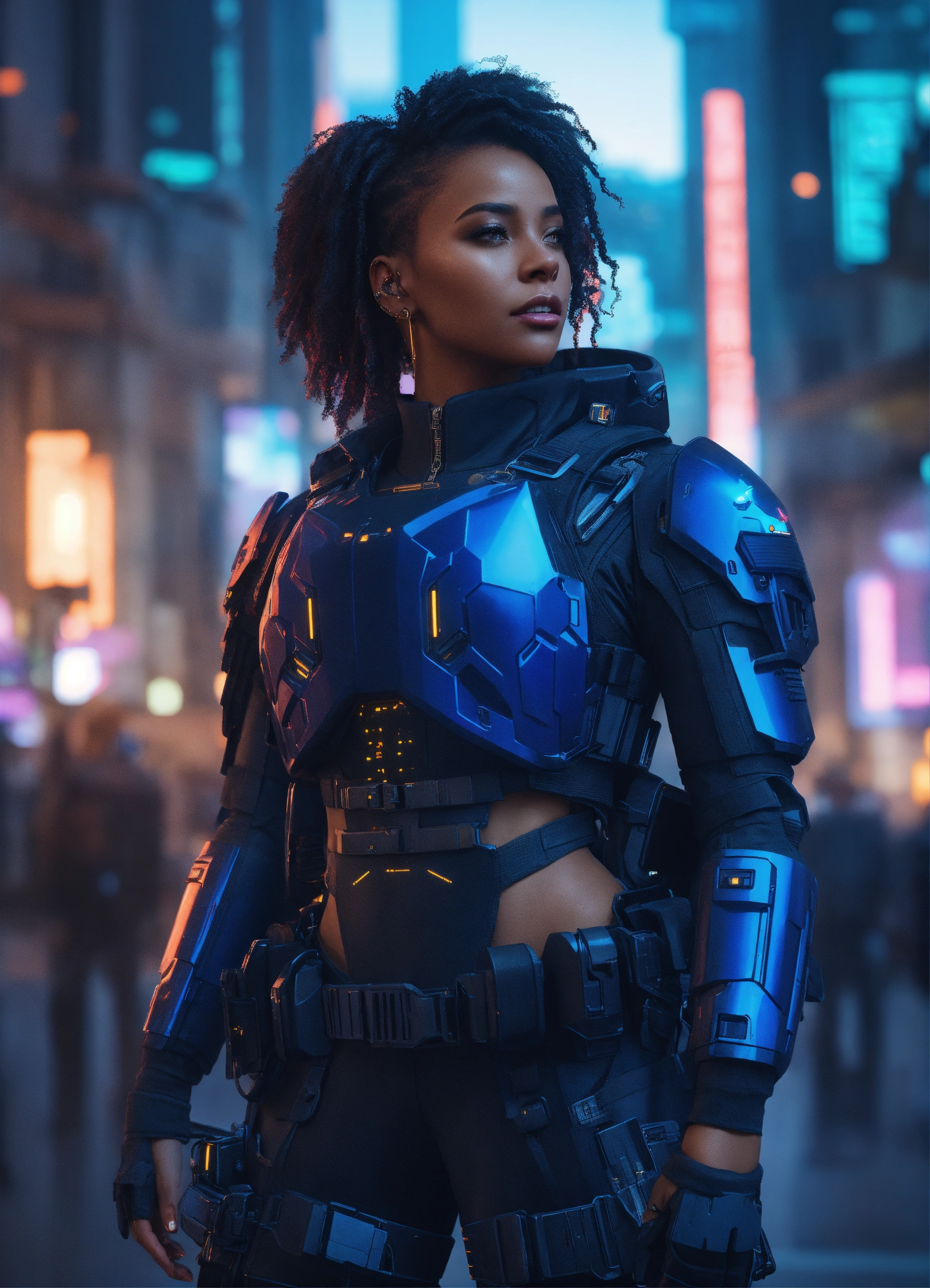Lexica - A beautiful black woman wearing navy blue body armor, soldier ...