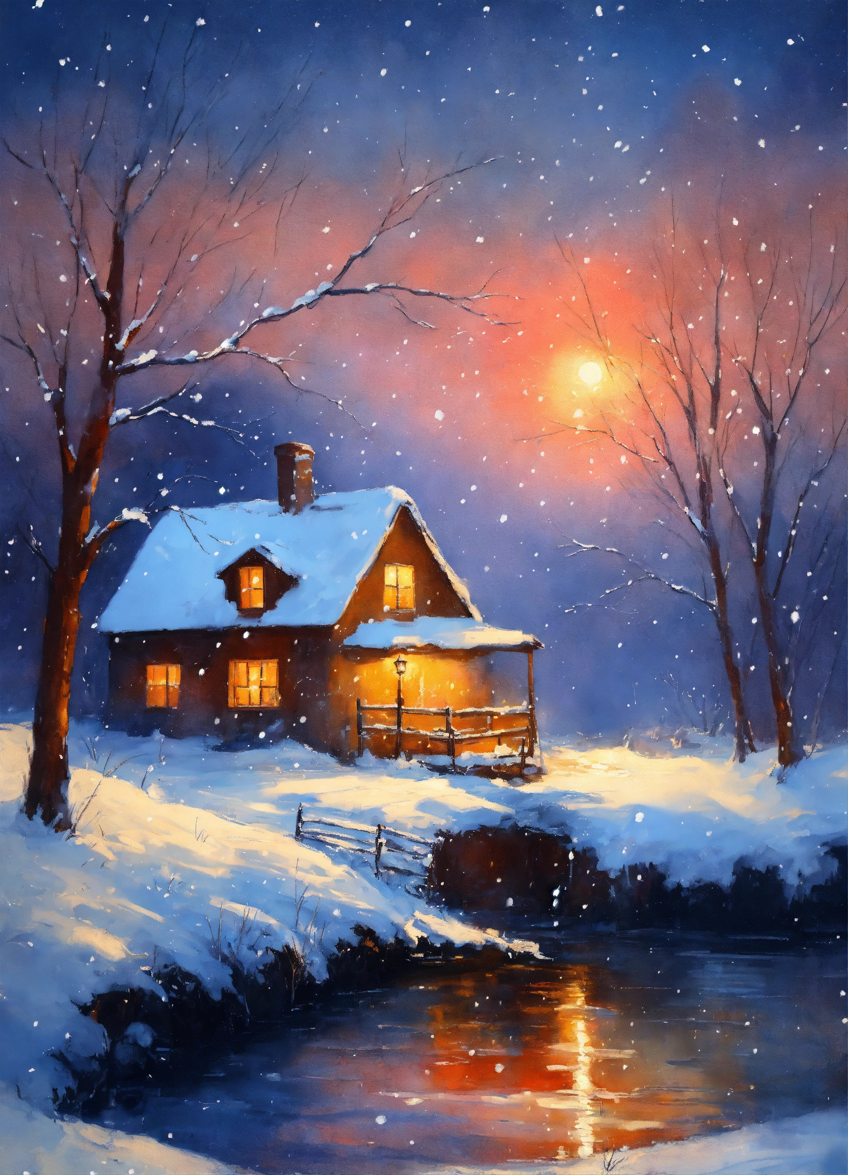 Lexica - Painting midnight landscape in winter snowing heavily ...