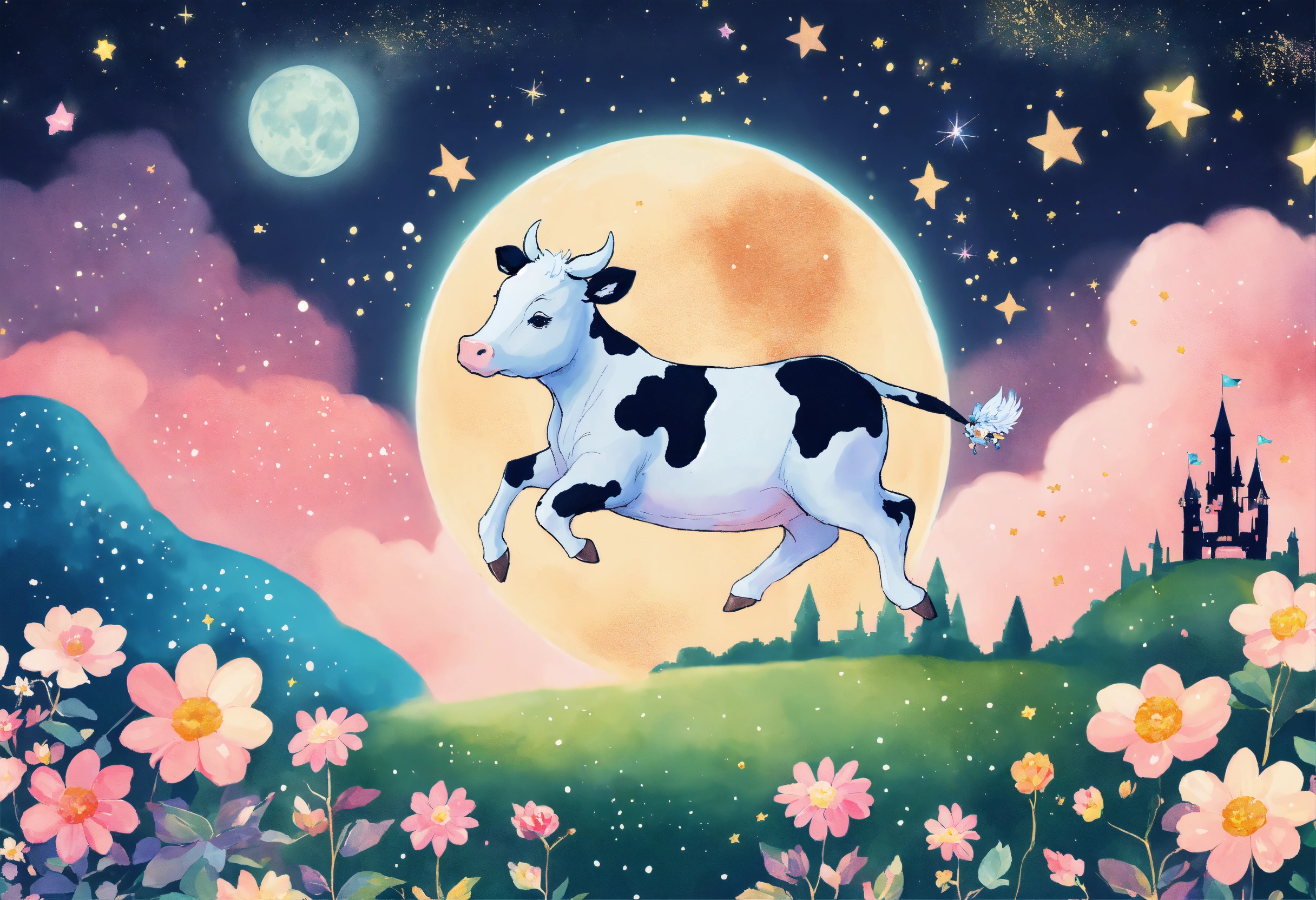 Lexica - Illustration of nursery art baby cow jumping over the moon ...
