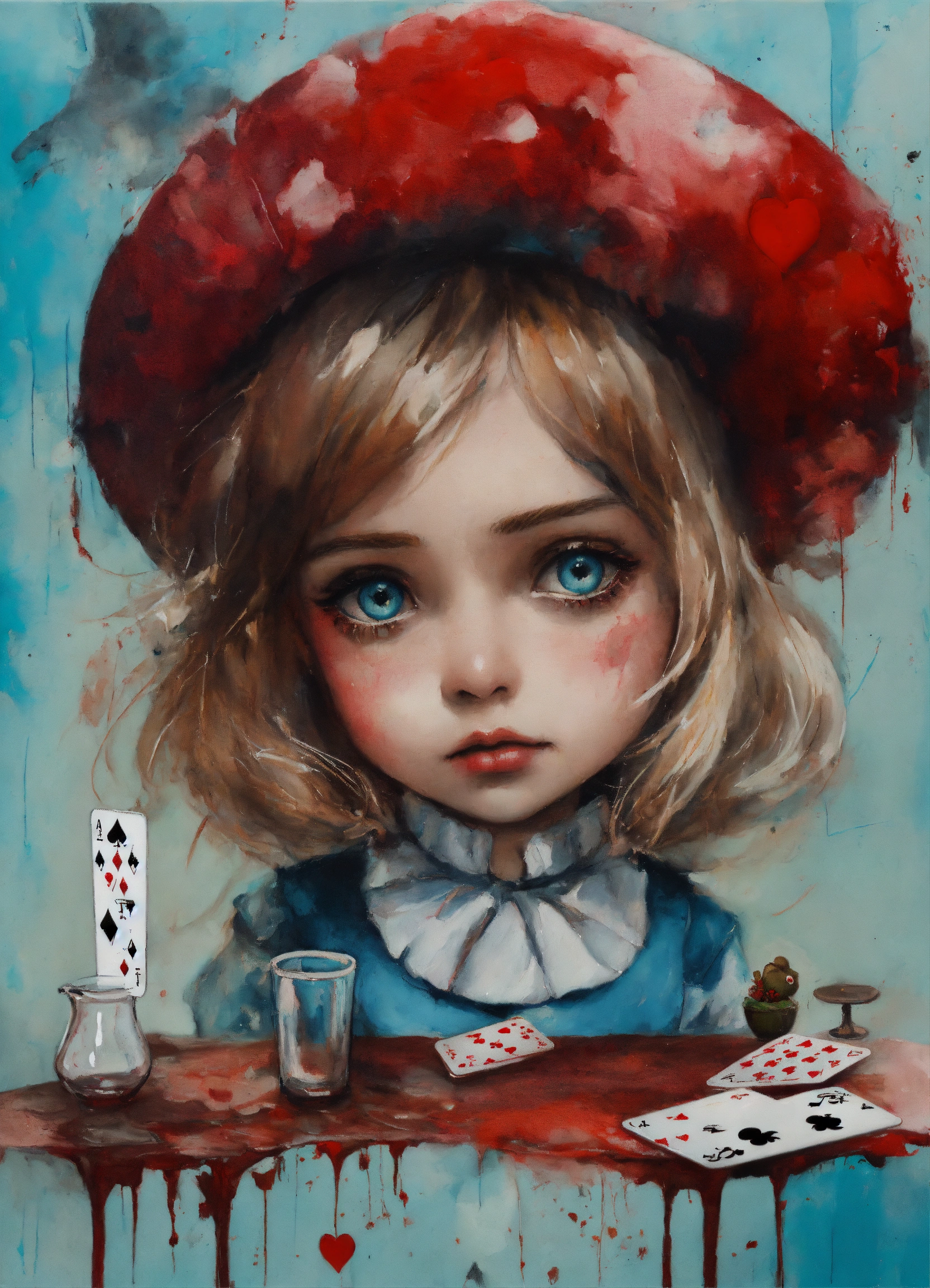 Lexica - Mixed media oil painting of a beautiful adorable sad Alice in ...