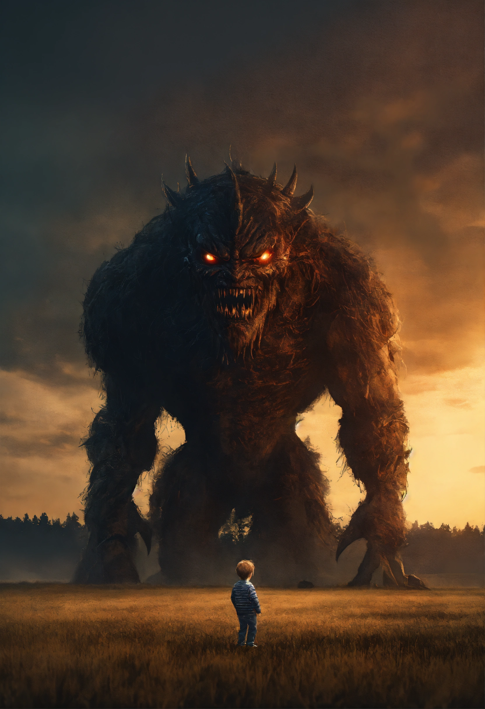 Lexica - Terrifying gigantic monster looming over small child in an ...