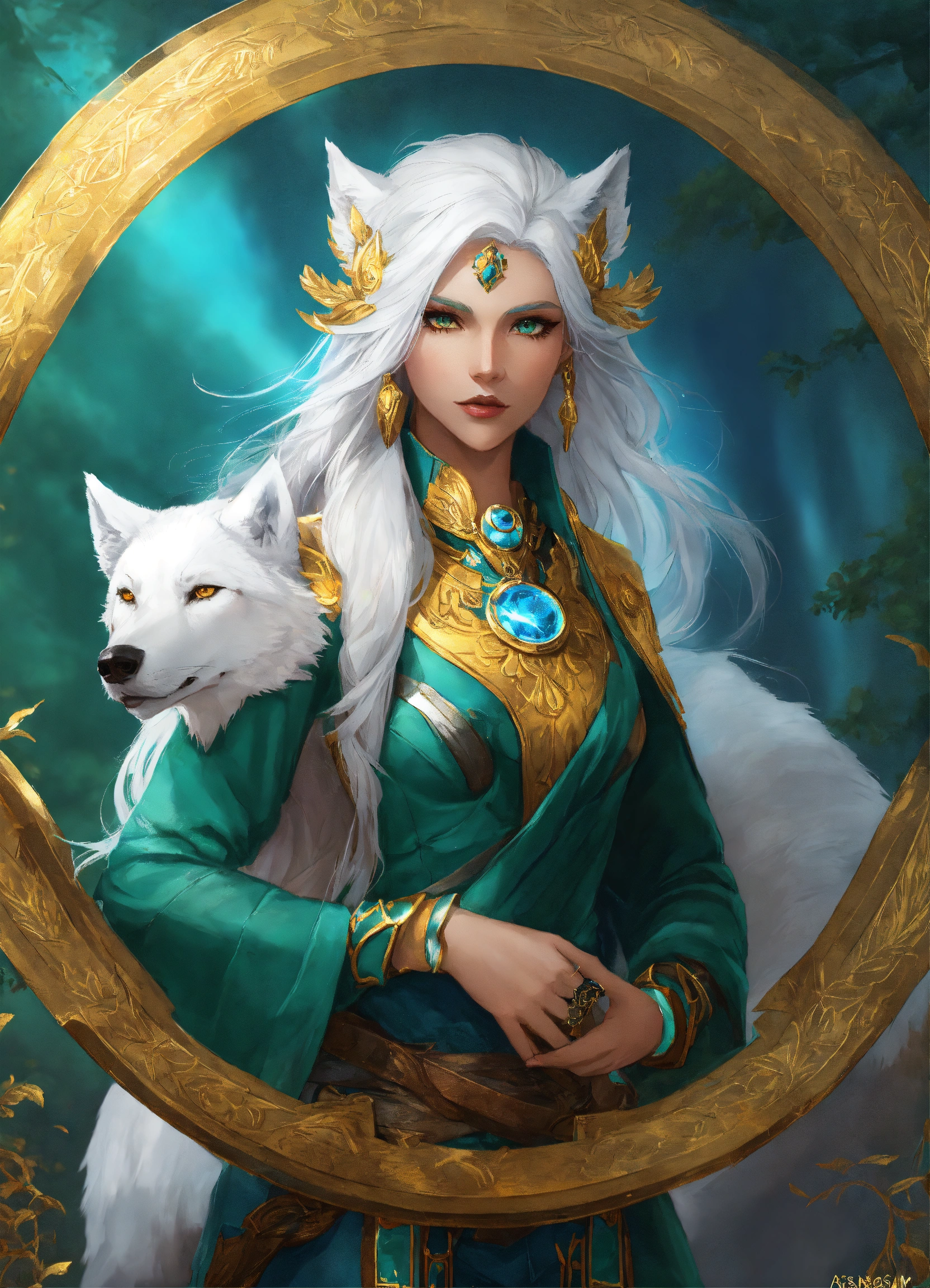 Lexica - Aasimar, female, Druid, gold eyes, white hair, blue-green skin ...