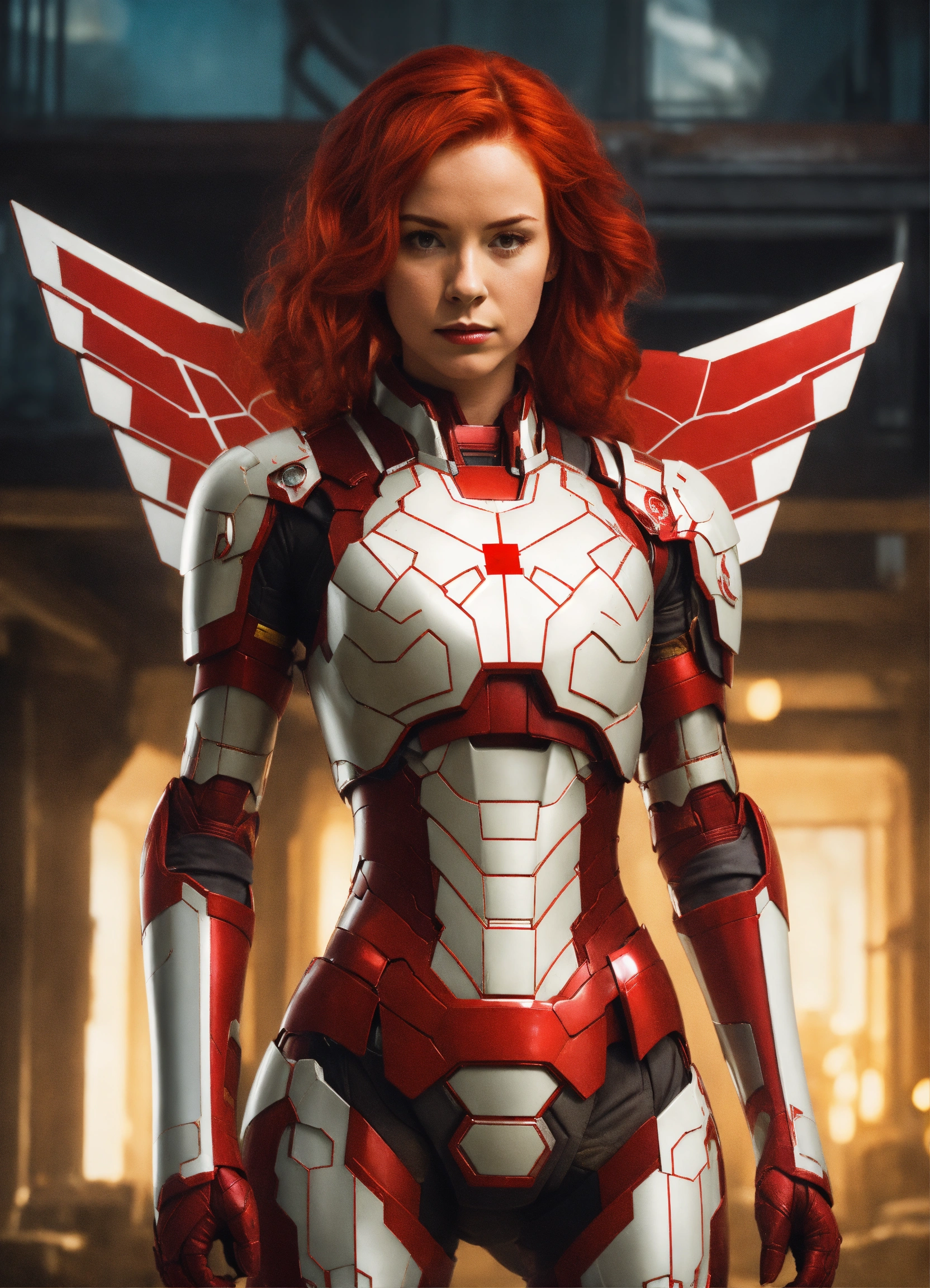 Lexica - Female athletic red hair wearing white Iron Man armor with red ...