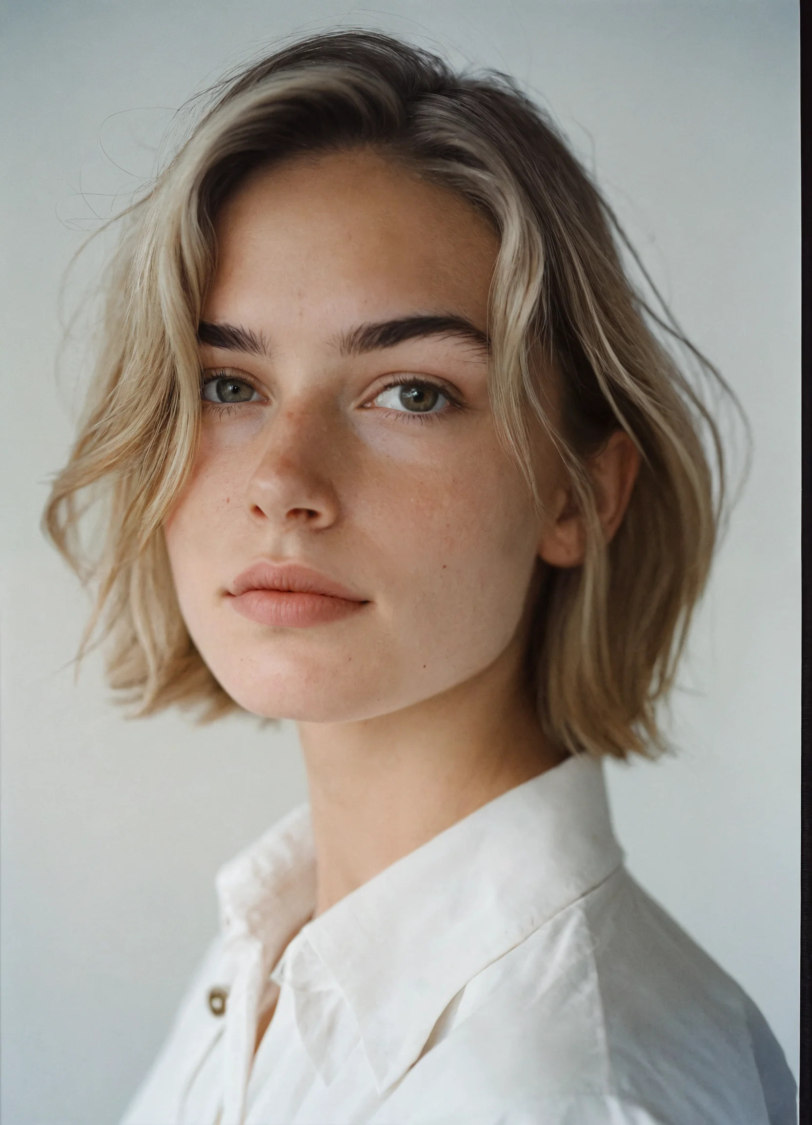 Lexica - Dark blonde female face seeable brows hazel eyes small lips ...