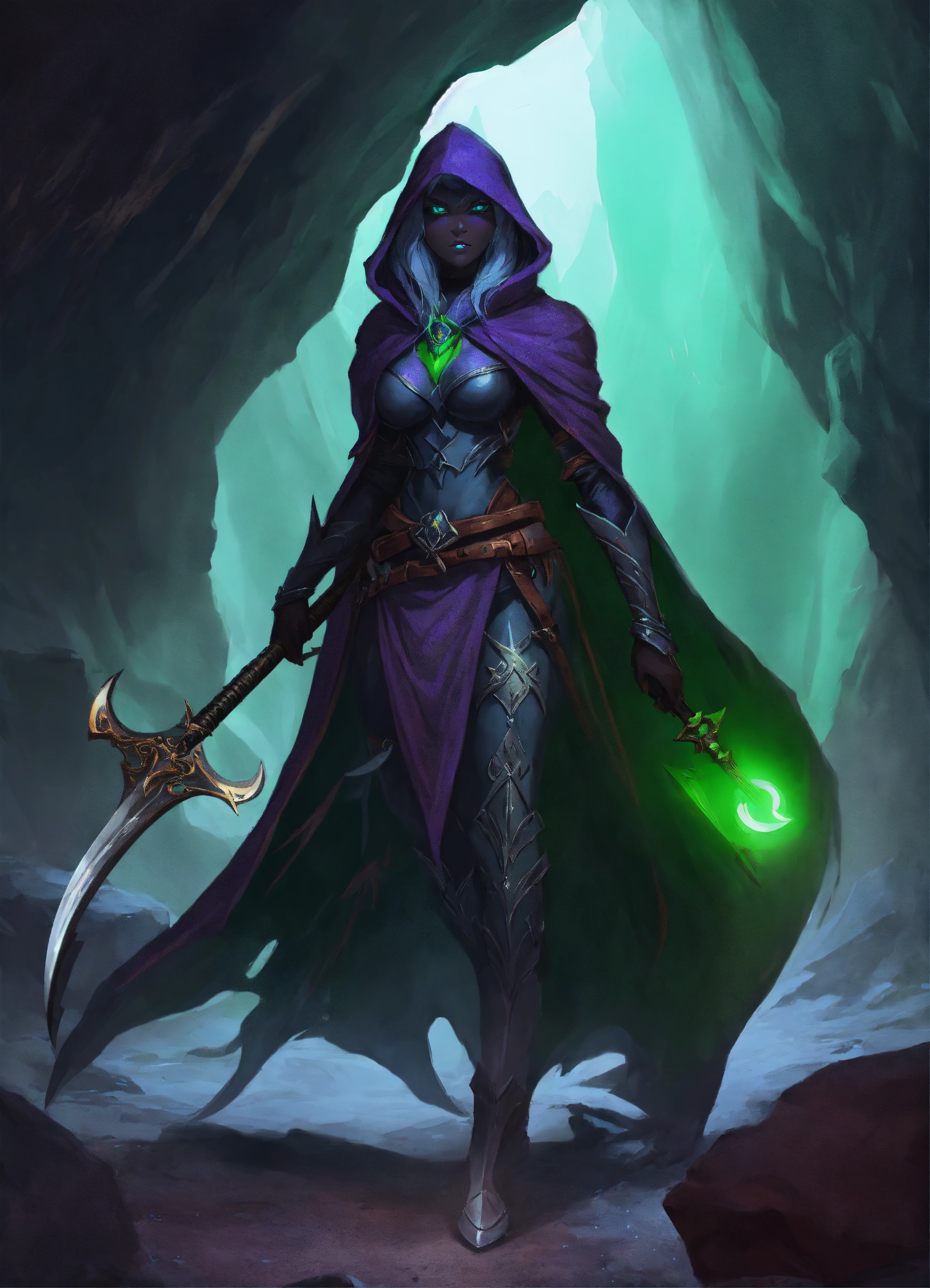 Lexica - Shadow dark female drow, green glowing eyes, with dark purple ...