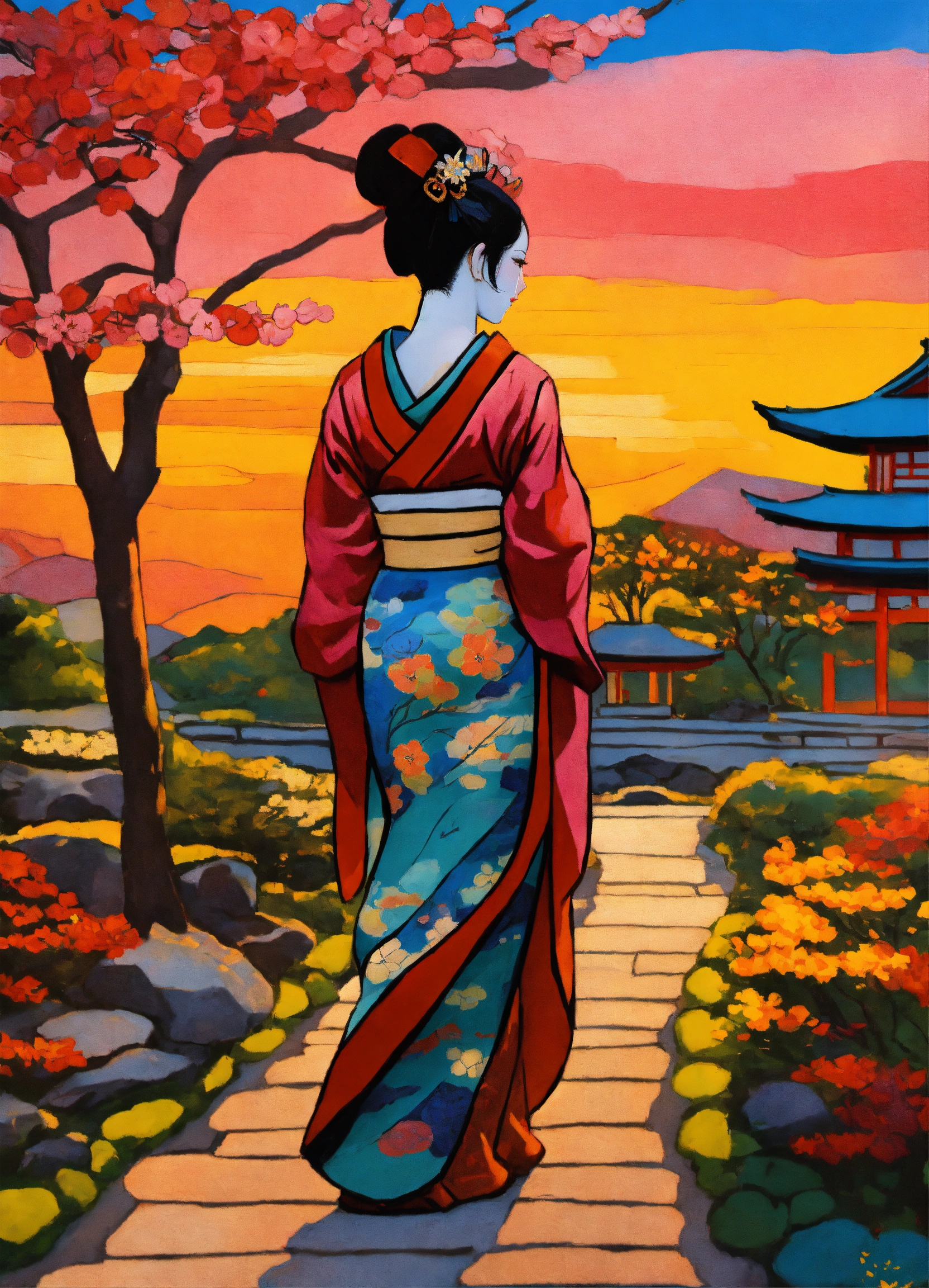 Lexica - Drawing of a geisha walking at sunset through a Japanese ...