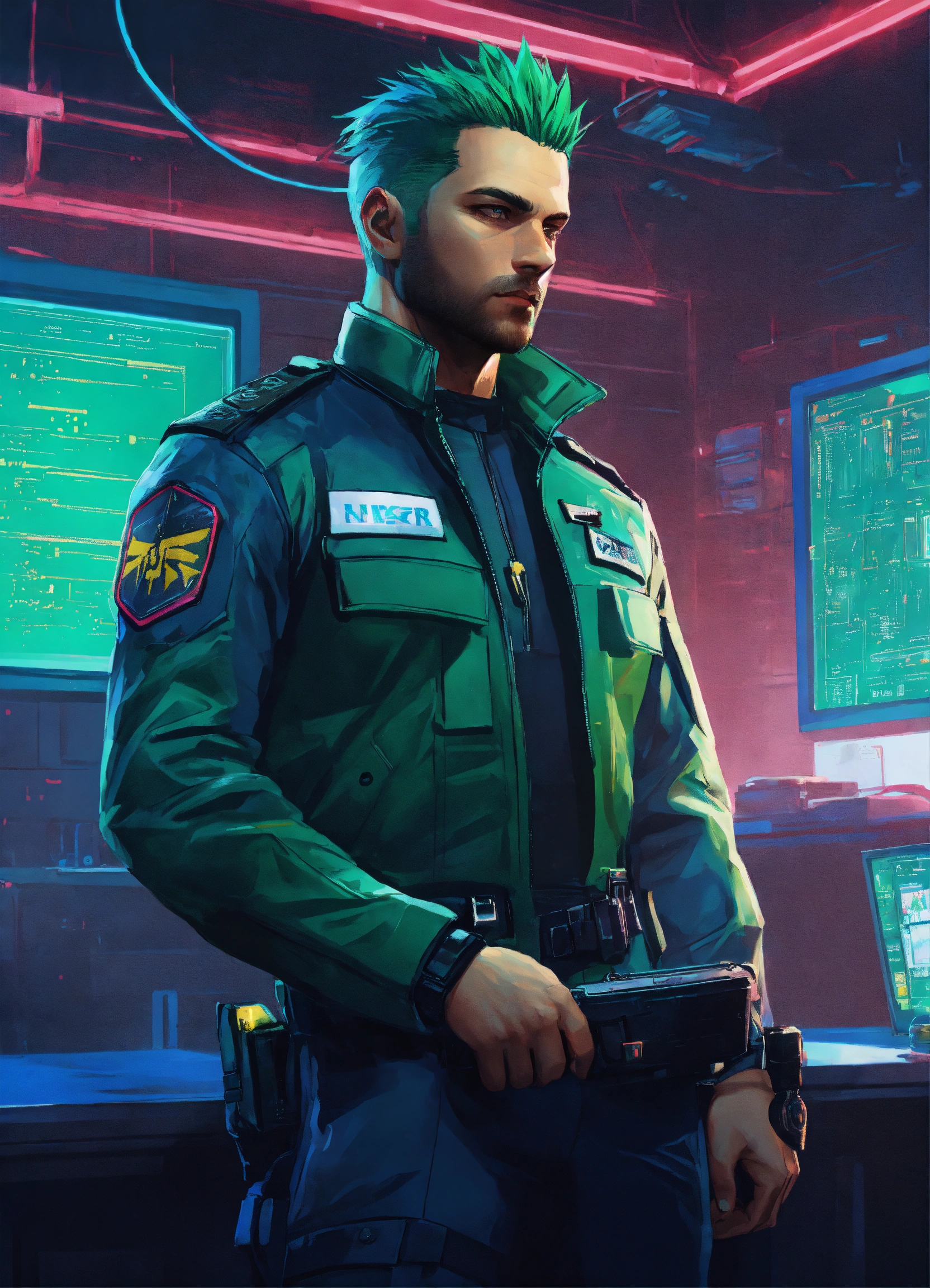 Lexica - Male university cop with green hair in dark blue uniform in a ...