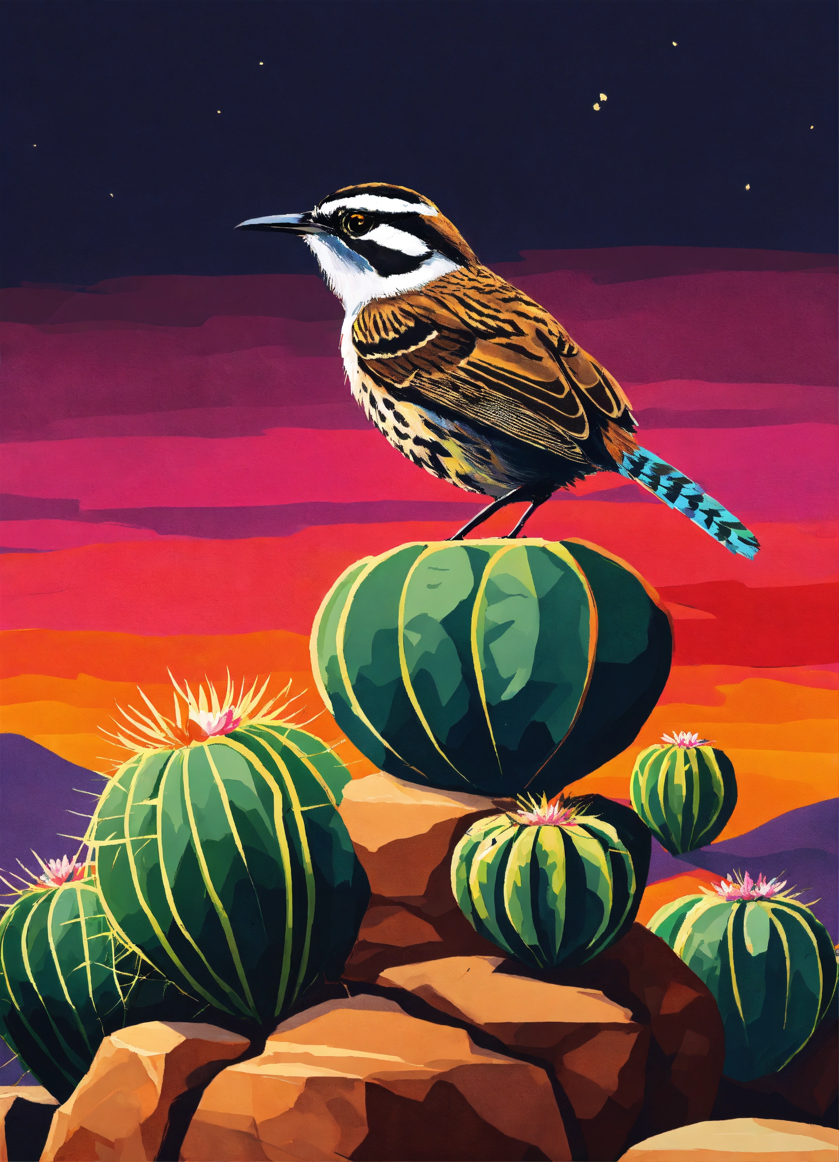 Lexica - Cactus wren bird on a rock colorful background arizona desert ...