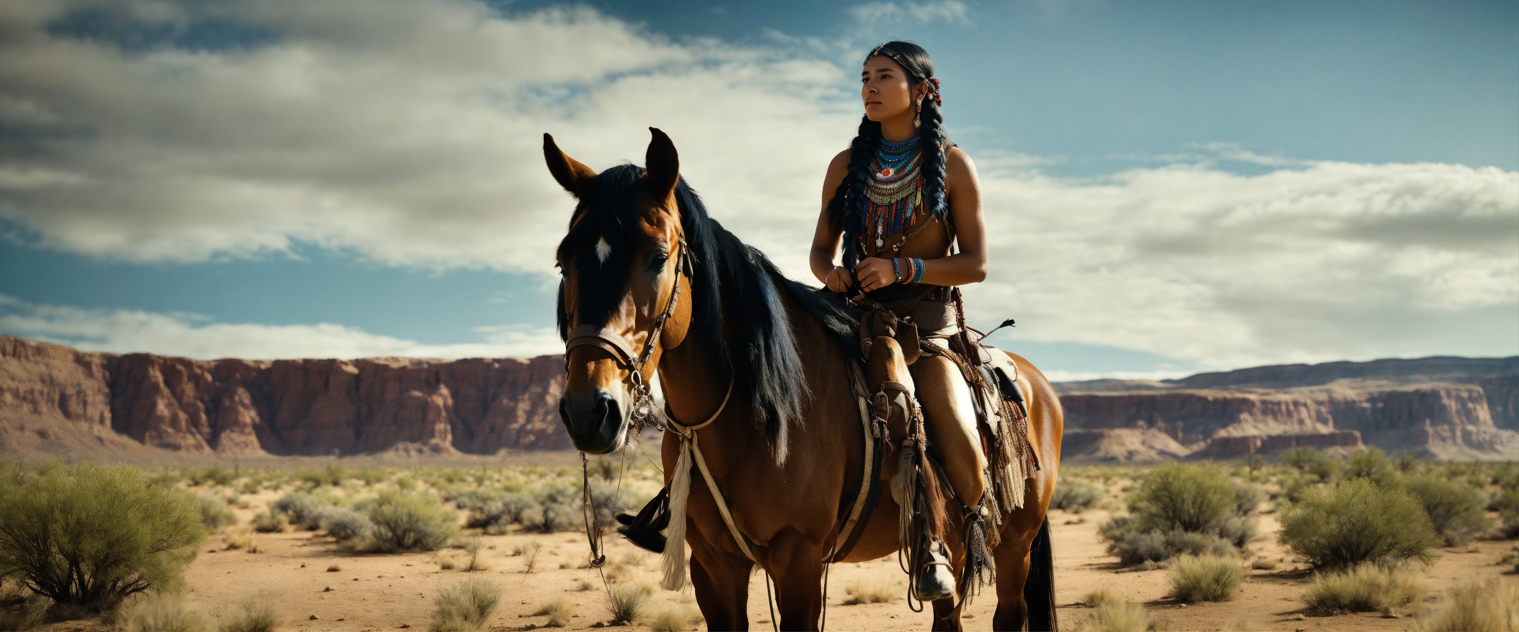 Lexica - Portrait of young Native American woman besides her horse in a ...