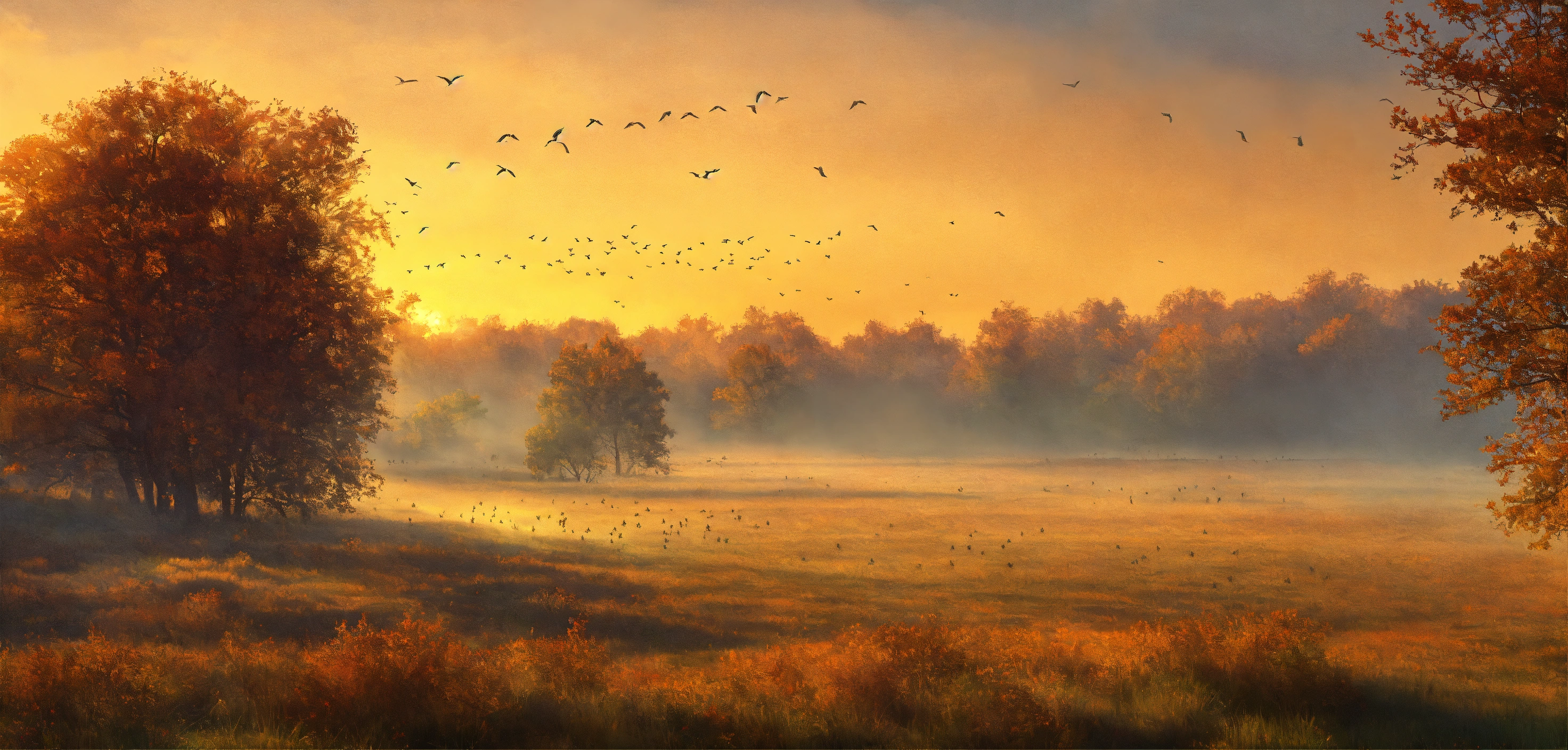 Lexica - A serene fall meadow landscape at dawn. high-definition photo ...
