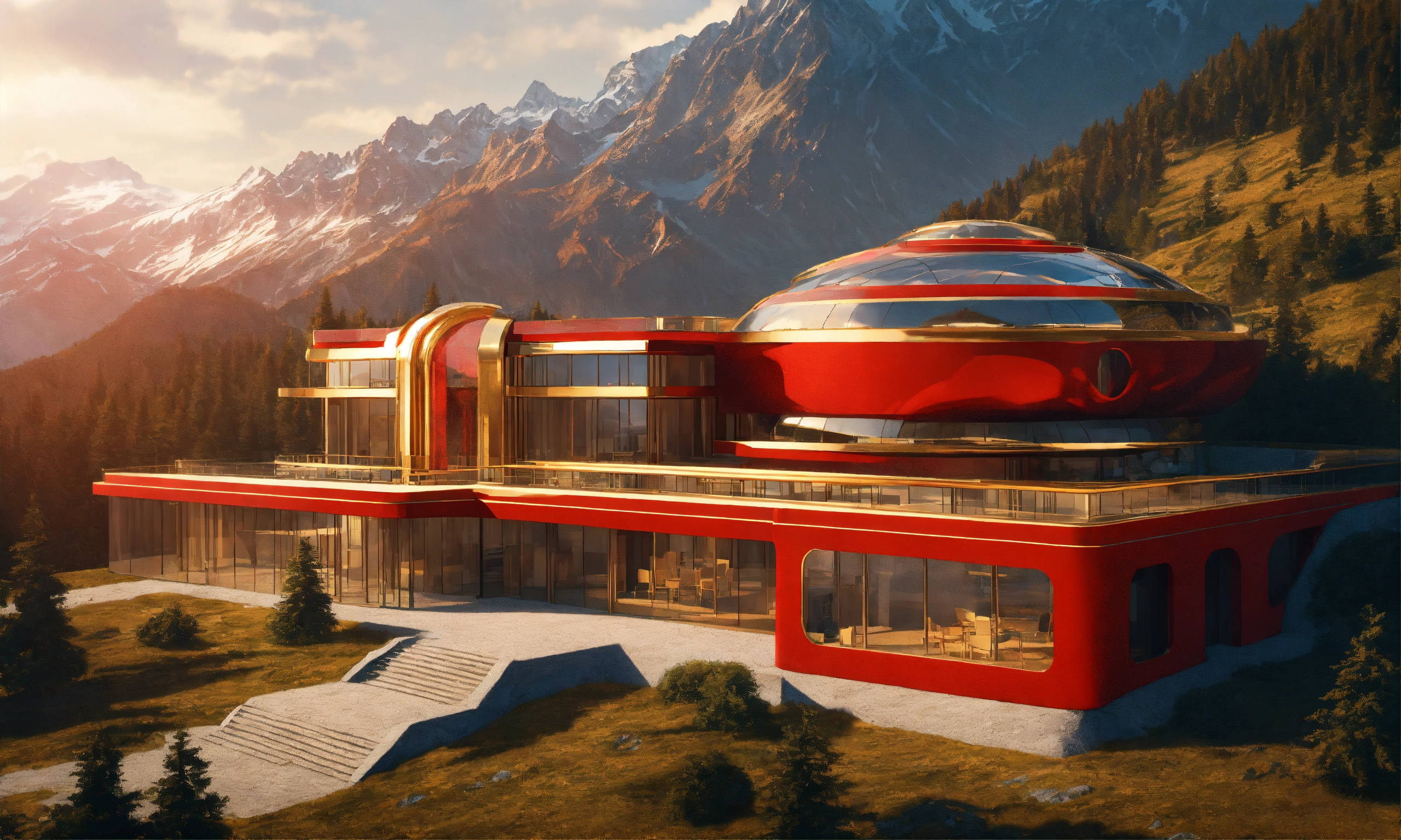 Lexica - Beautiful elegant red and gold futuristic palace in the alps ...