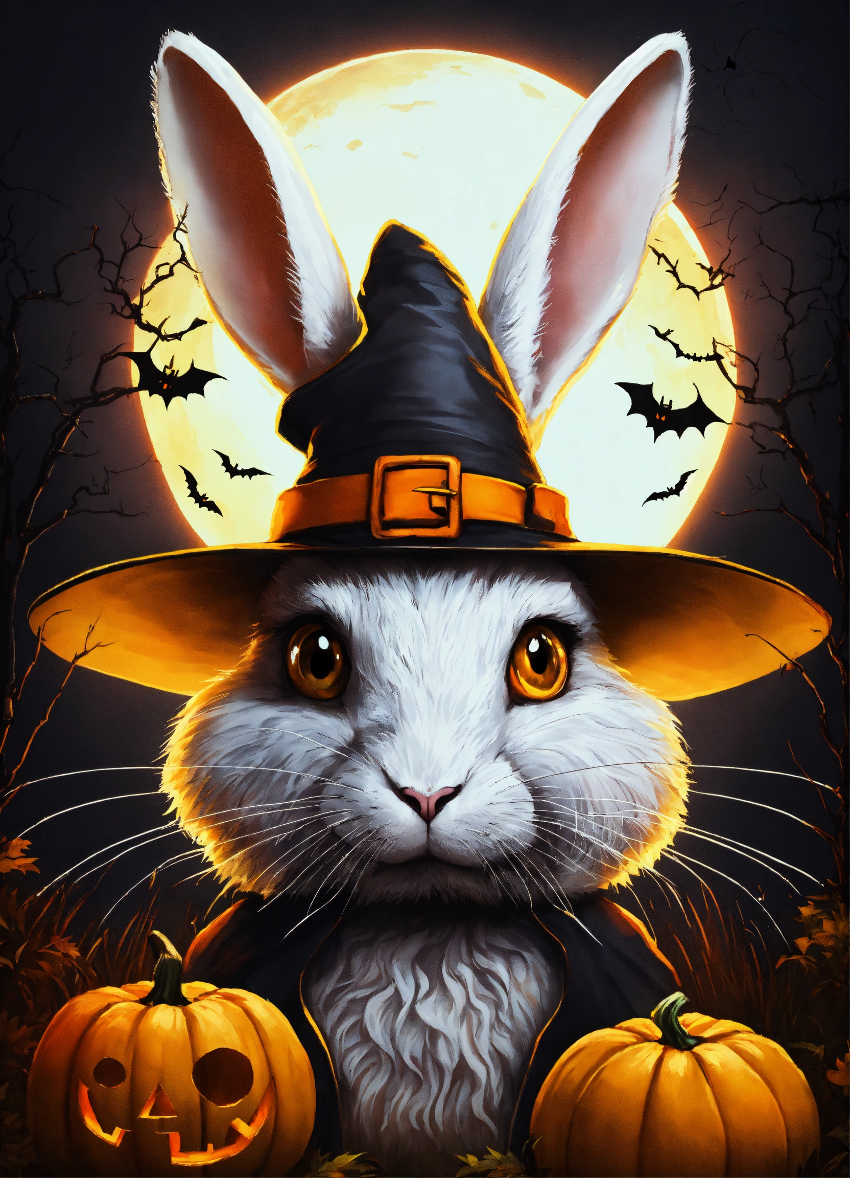 Lexica - Spooky white rabbit with orange eyes wearing a witches hat ...