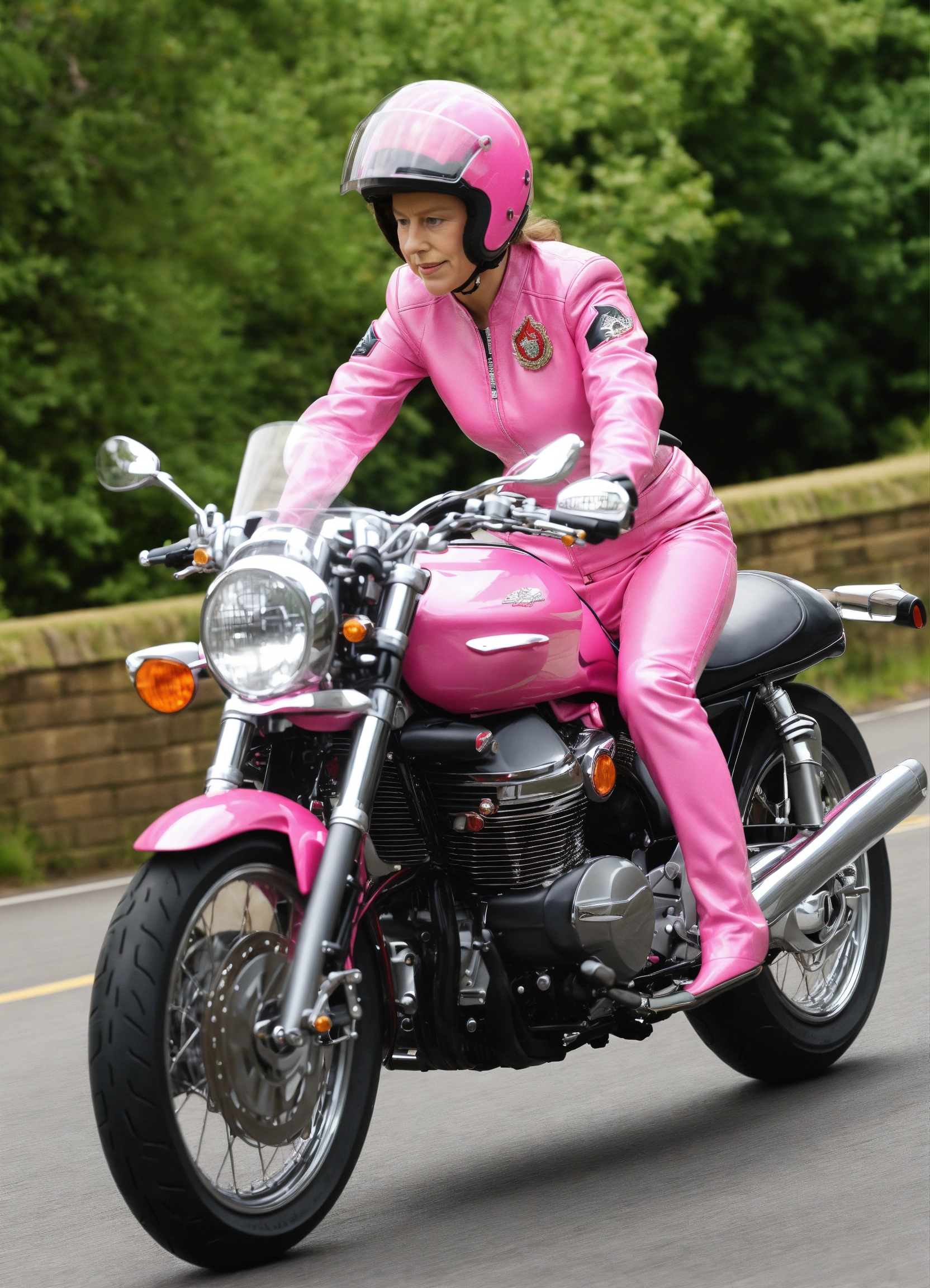 Lexica - Queen Elisabeth riding a sport motorcycle, wearing a pink ...