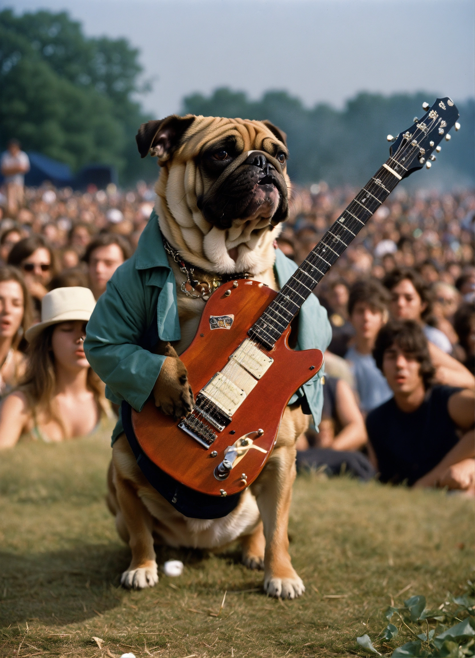 Lexica - A bulldog/pug playing guitar at a concert at Woodstock 1969 ...