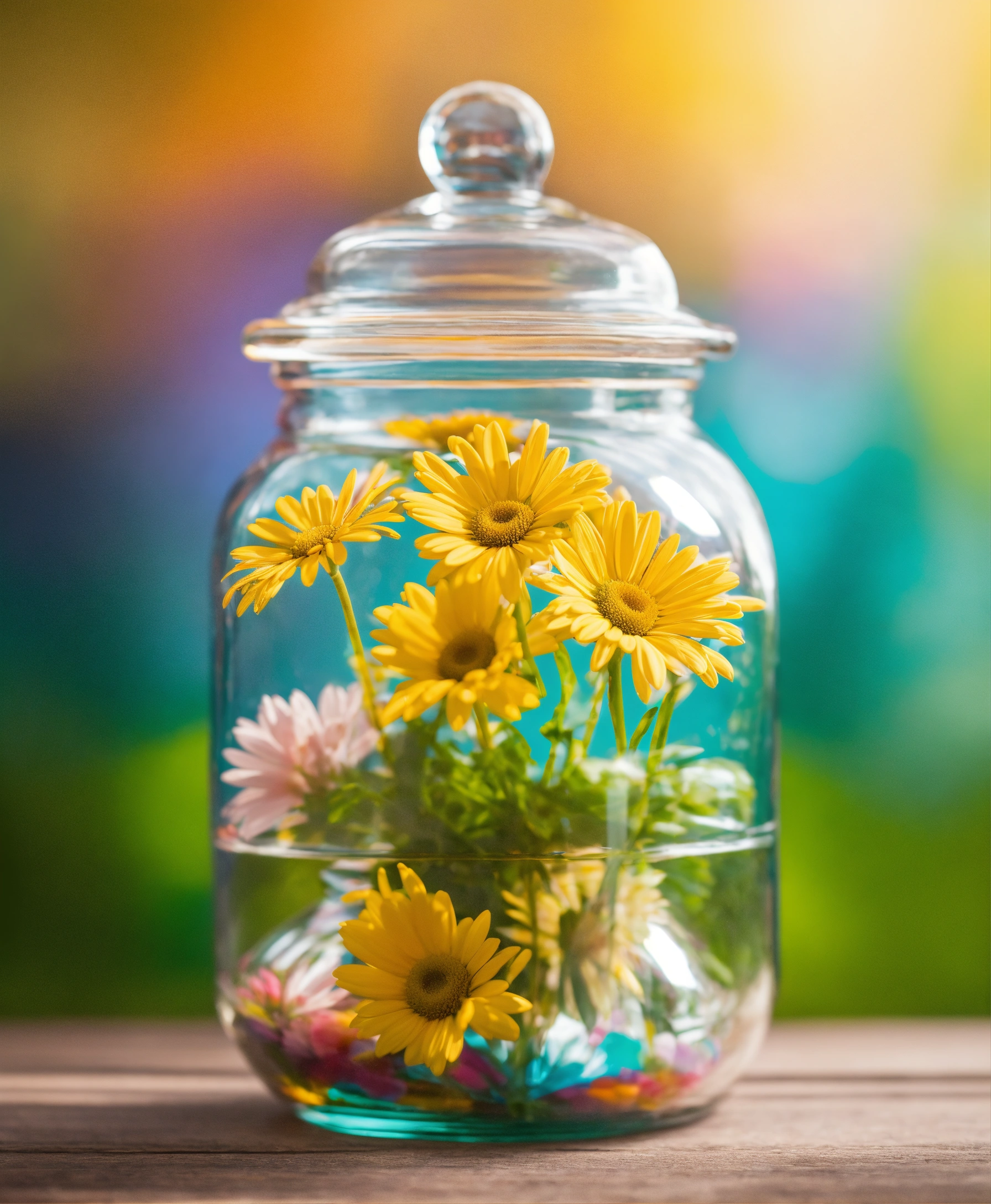Lexica - Beautiful daisies in a vibrant glass jar, solid background