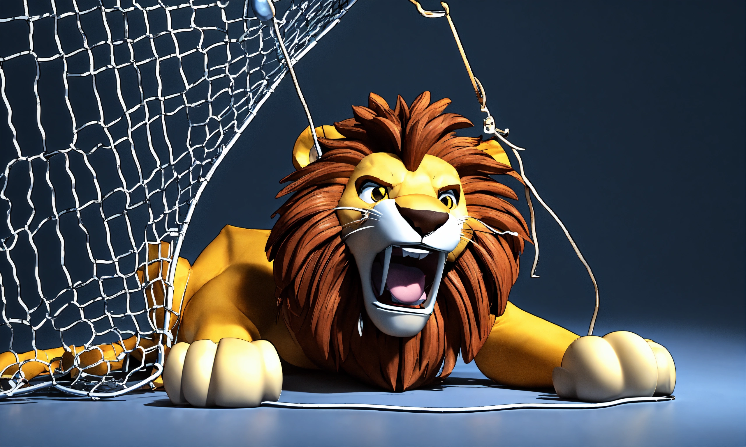 Lexica - Cartoon 3d big lion trapped in net, mouse cutting net by its teeth