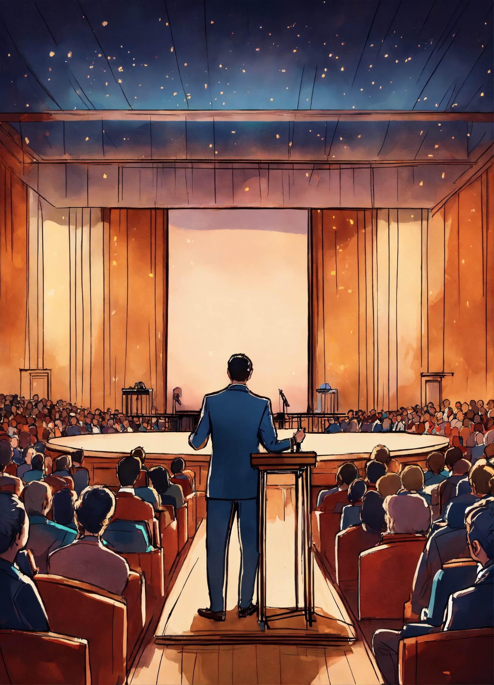 Lexica - A hand drawn painting of a global keynote speaker standing on ...